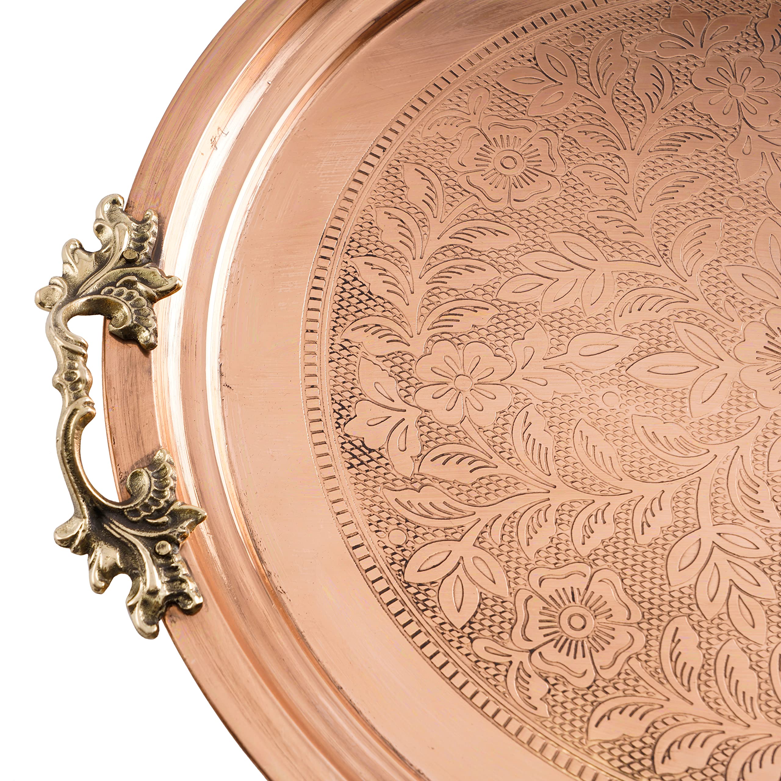 Hammered Copper Serving Tray with Brass Handle - Decorative Round Coffee Table Tray - Multi-Purpose Kitchen Food Tray Decorative for Breakfast, Dinner, and Parties, 14 Inch (Flower Design)