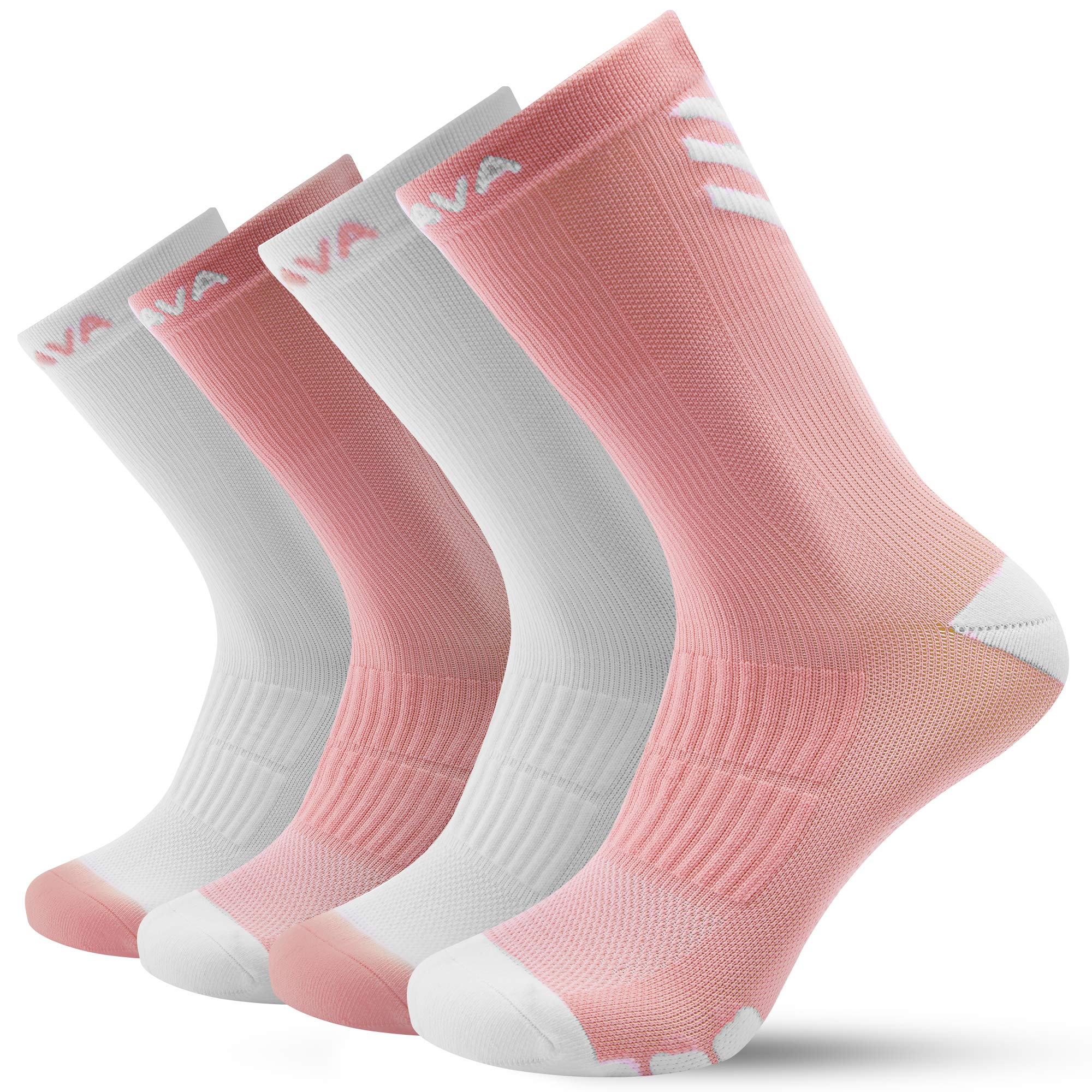 DOVAVA Dri-tech Compression Crew Socks 15-20mmHg (4 Packs) Quick Dry Athletic Running Socks for Support and Circulation (Small-Medium, Pink-White-Pink)