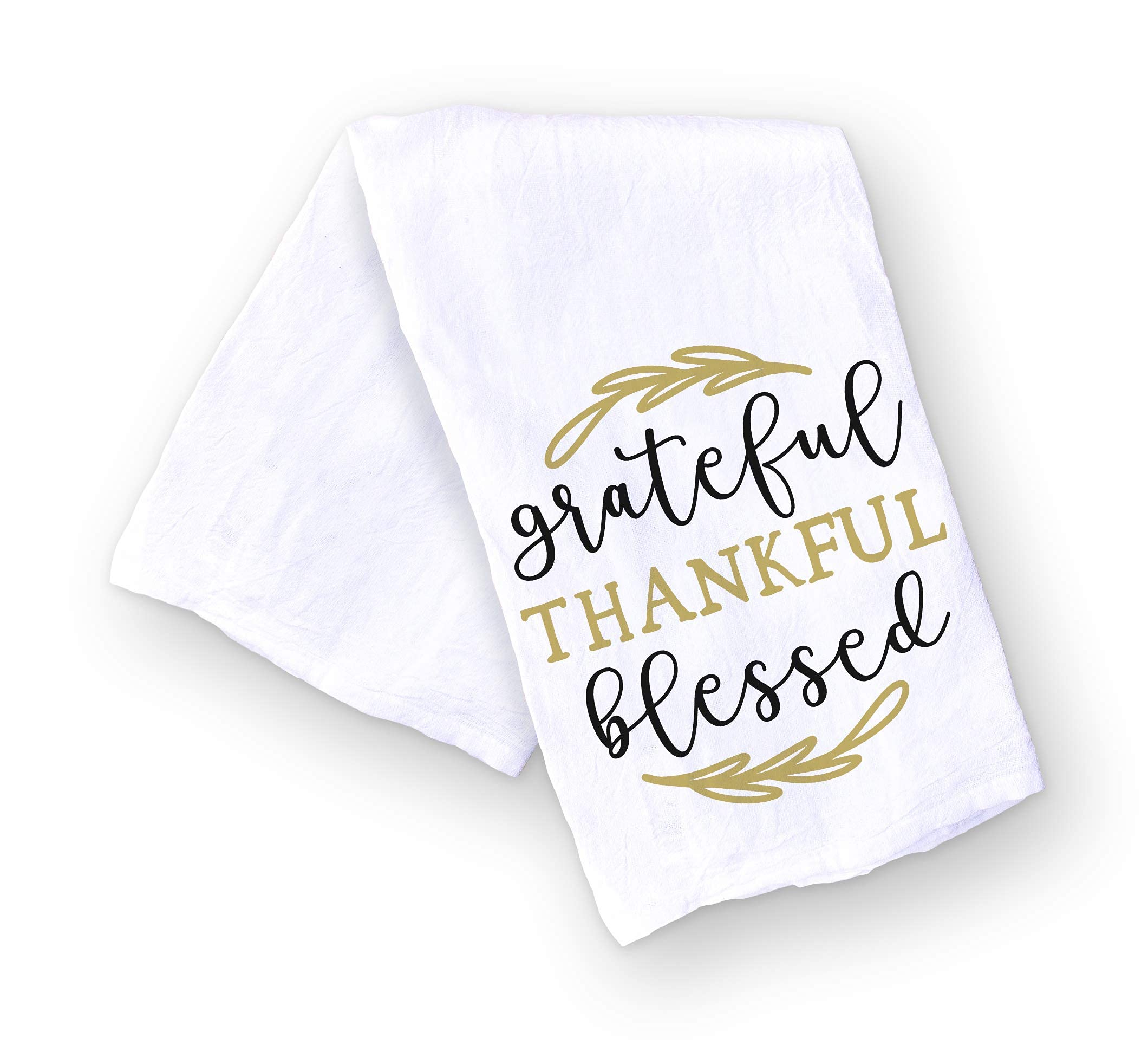 Grateful Thankful Blessed Kitchen Towel - 100% Cotton Dish Drying Flour Sack Towel - Holidays Thanksgiving Valentine Engagement Bridal Shower Newlywed Hostess Gift (Grateful Thankful Blessed)