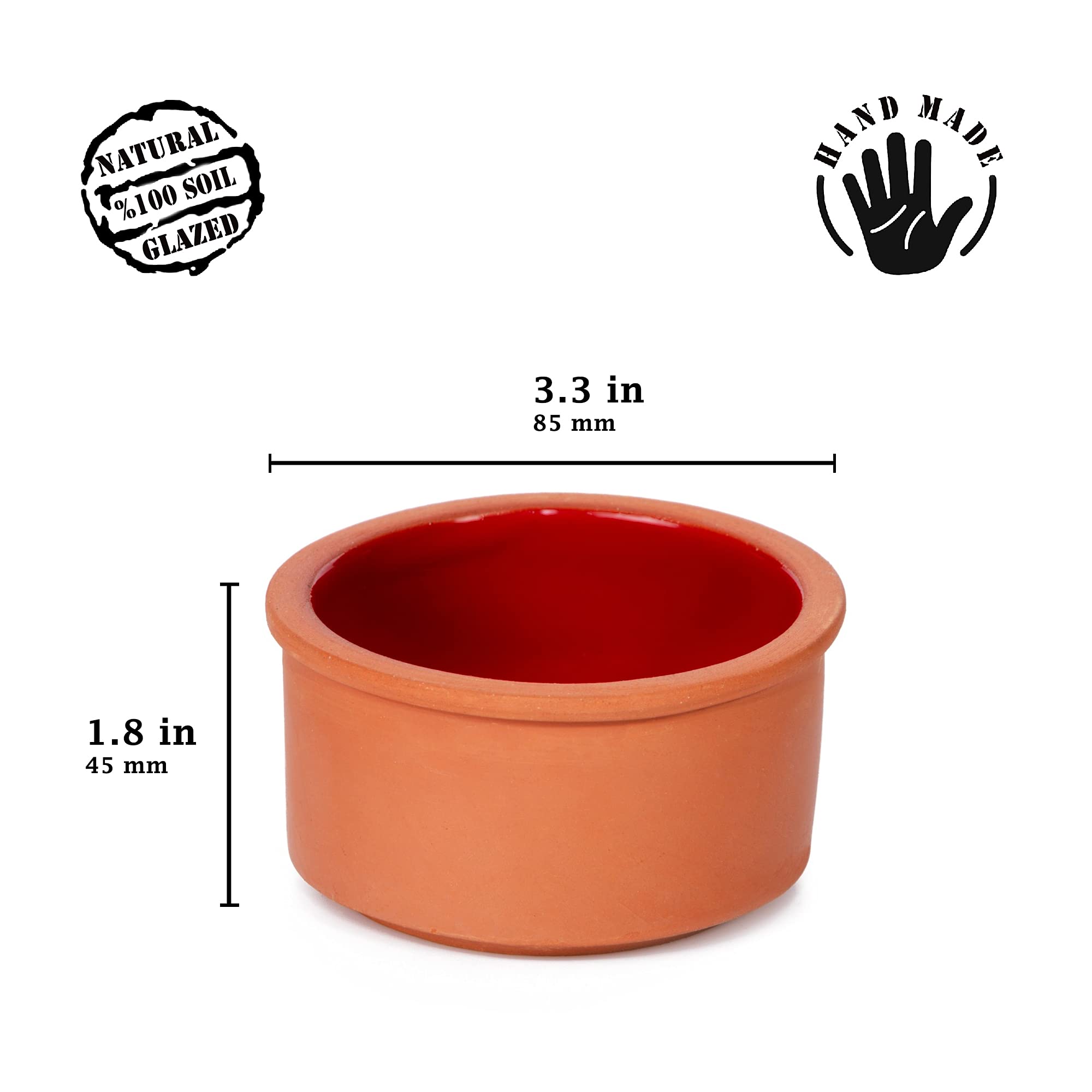 Handmade Clay Cooking Bowl Set of 6, Terracotta Bowls, Earthenware Small Yogurt Pots, Glazed Serving Pots for Mexican Dishes. Earthen Rice Pudding Cups, Turkish Pottery Bowls for Food, 3.3 in