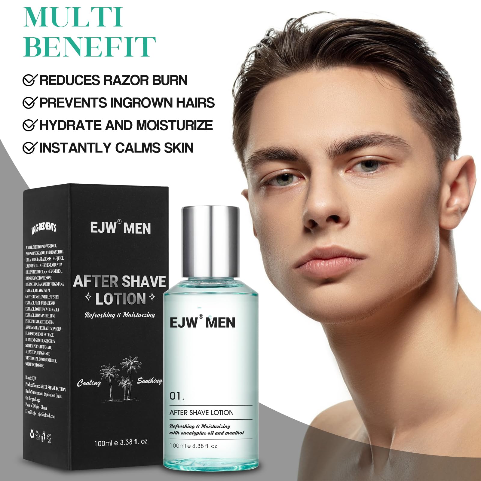 EJW After Shave Lotion for Men - Cooling & Soothing Formula with Witch haze, Aloe Vera and Field Mint Leaf, 3.38 fl oz