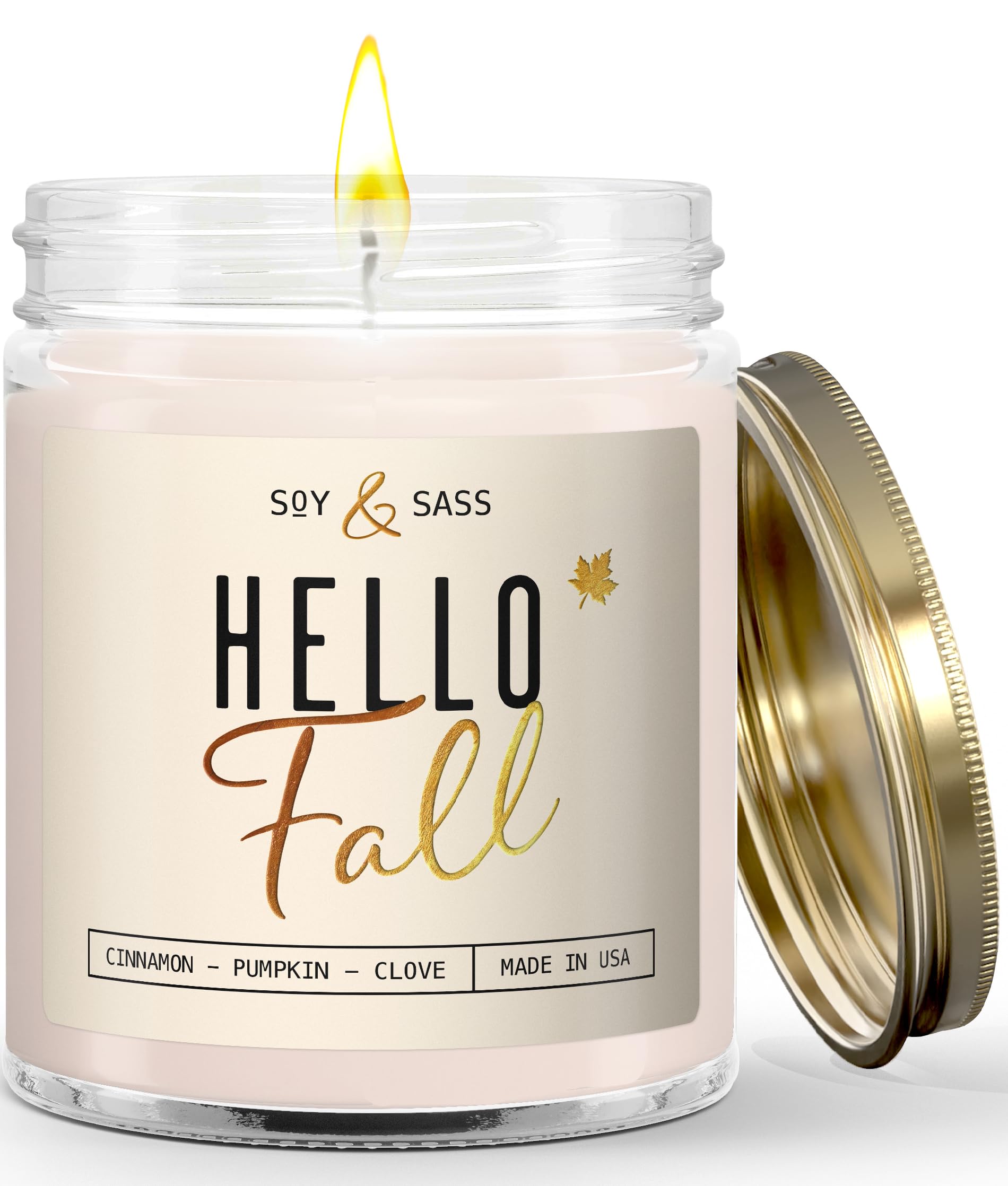Fall Candles - 'Hello Fall' Fall Candle w/Cinnamon, Spice & Pumpkin Candle I Infused with Essential Oils I Autumn Fall Scented Candles I Pumpkin Spice Candle I 9oz Jar I 50Hr Burn I Made in USA