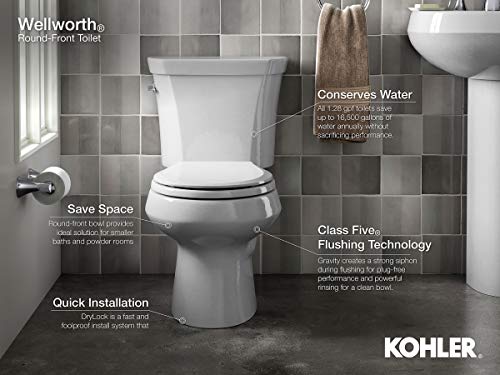 Kohler K-3577-7 Wellworth Classic 1.28 gpf Round-Front Toilet with Class Five Flushing Technology and Left-Hand Trip Lever, Black