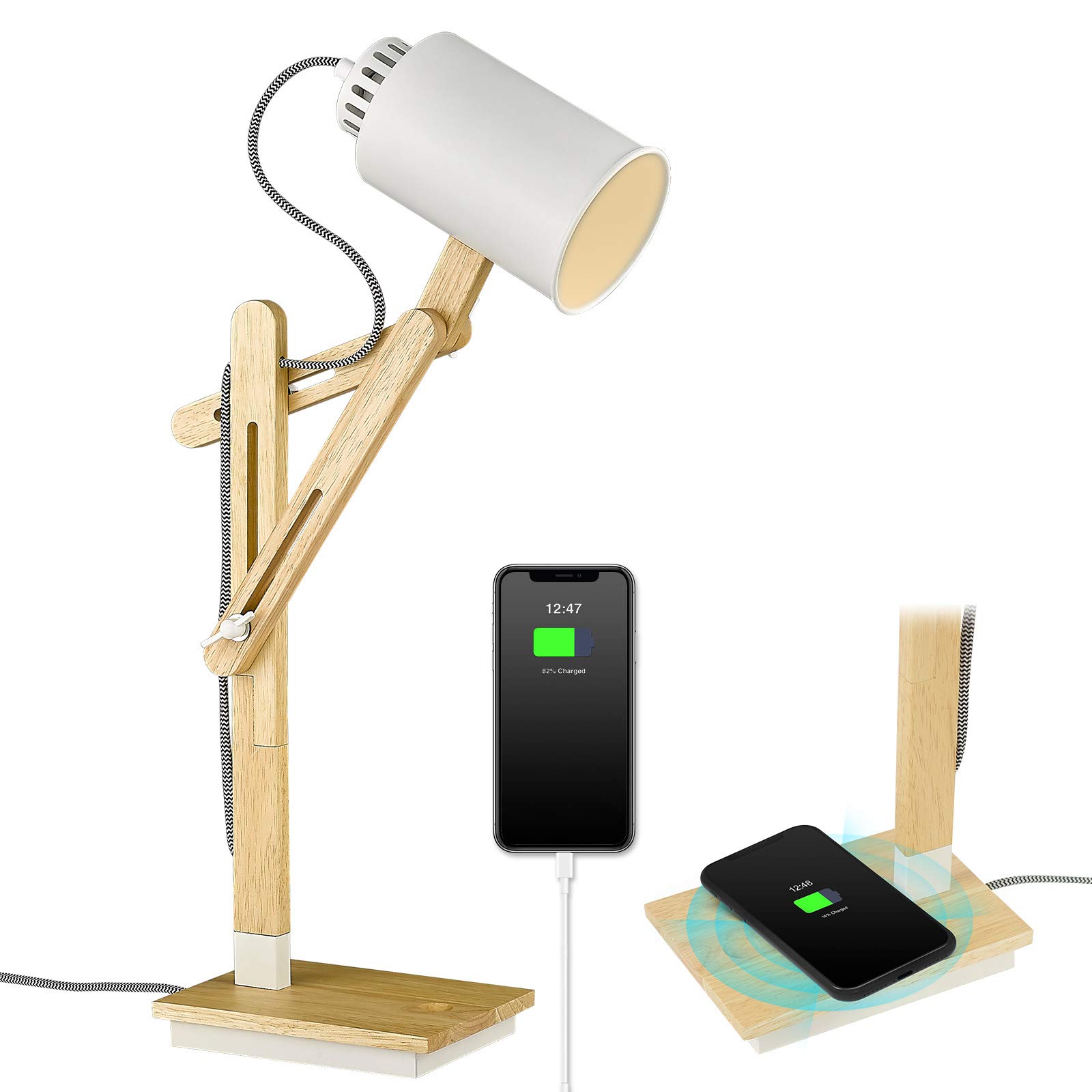 ELYONA Wireless Charging White Desk Lamp, Touch Control Rubber Wood Table Lamp with USB Charging Port, Swing Arm Reading Task Lights for Office, Dorm, Living Room Bedroom, Farmhouse, Bulb Included