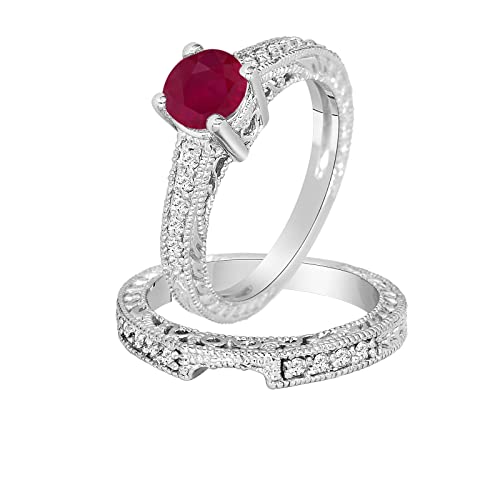 Elegant Touch 925 Sterling Silver Women Wedding Engagement Ring Band Bridal Set Round Red Created Ruby 14K White Gold Plated (6.5)