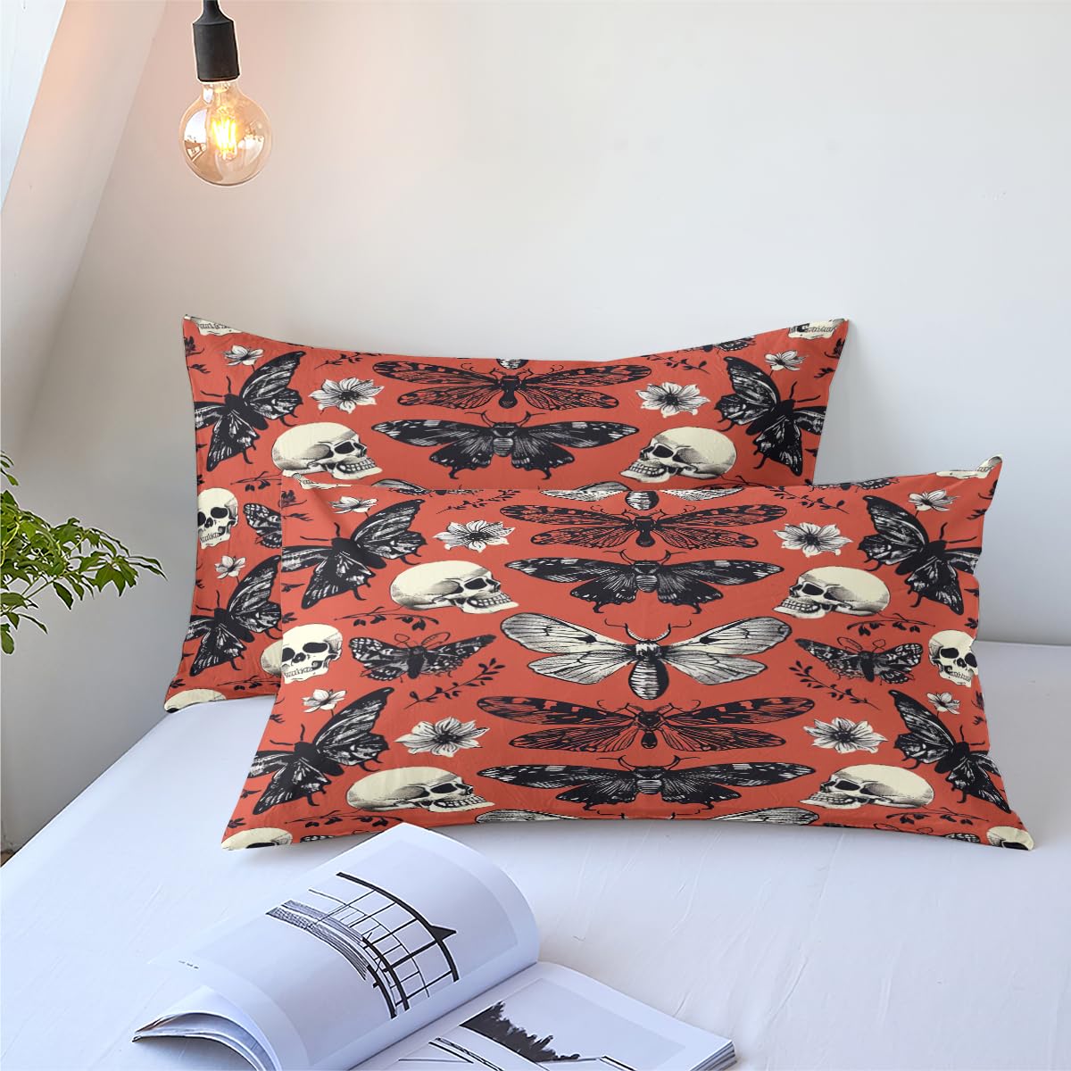 Menkala Gothic Skull Duvet Cover Queen Size Moth Comforter Cover White Floral Duvet Cover Set Black Leaf Death Moth Bedding Set Breathable Durable Soft