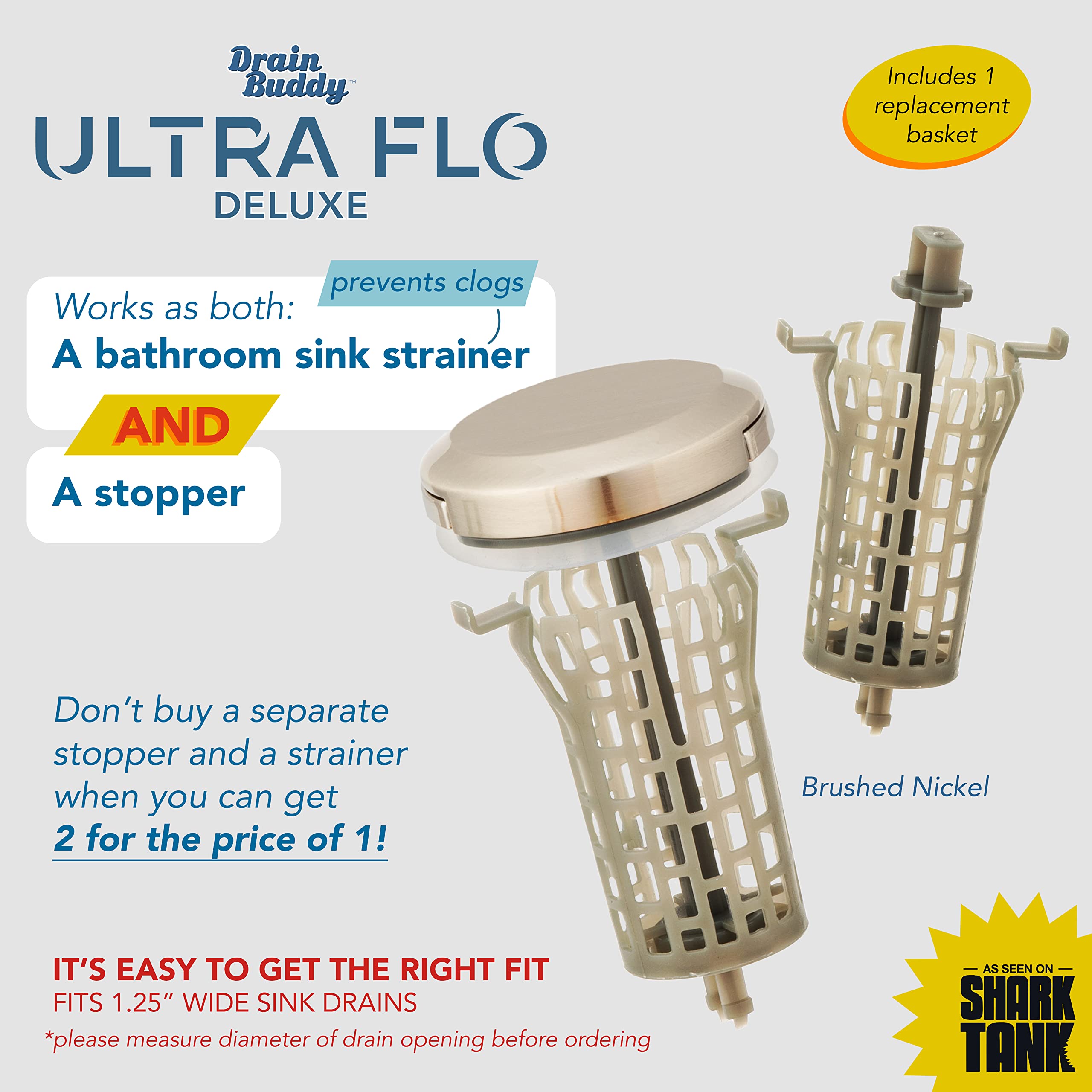 Drain Buddy Ultra Flo- 2 in 1 Bathroom Sink Stopper & Hair Catcher W/Patented Pull Clean Technology! | Fits 1.25β Sink Drains, Clog Preventing | Brushed Nickel Cap / 1 Replacement Basket