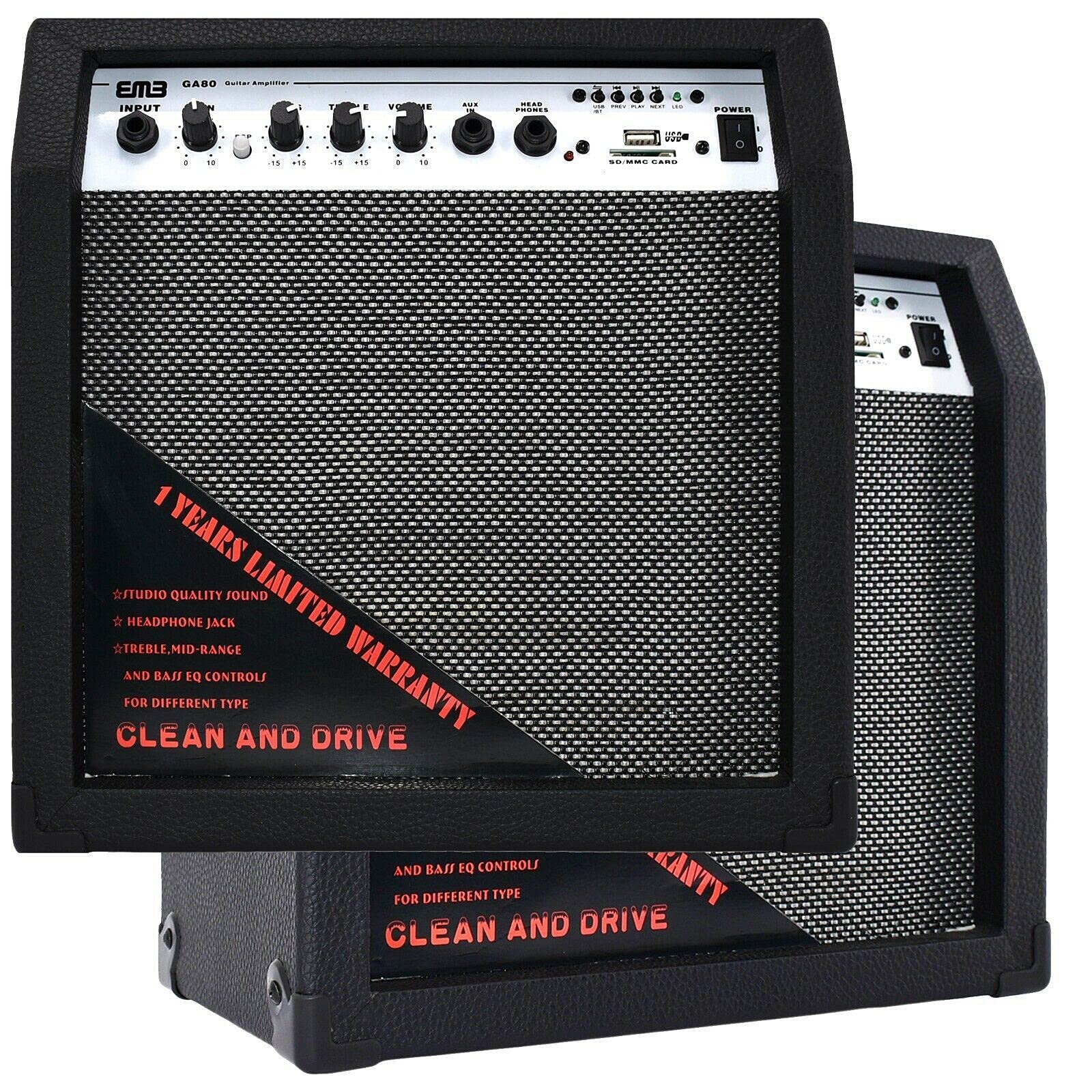 EMB GA80 350 Watts 8" Electric Guitar Amplifier Speaker Portable Powerful Studio and Stage Cabinet PreAMP β with Built in Headphone Jack and 2 Inputs and SD USB AUX Bluetooth (Black)