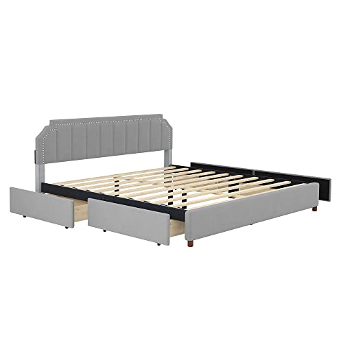 EMKK Platform Bed Frame with 4 Storage Drawers, Upholstered Bed Frame with Strong Wooden Slats/Mattress Foundation/No Fixed Headboard/No Box Spring Needed/Large Storage Space,King Size
