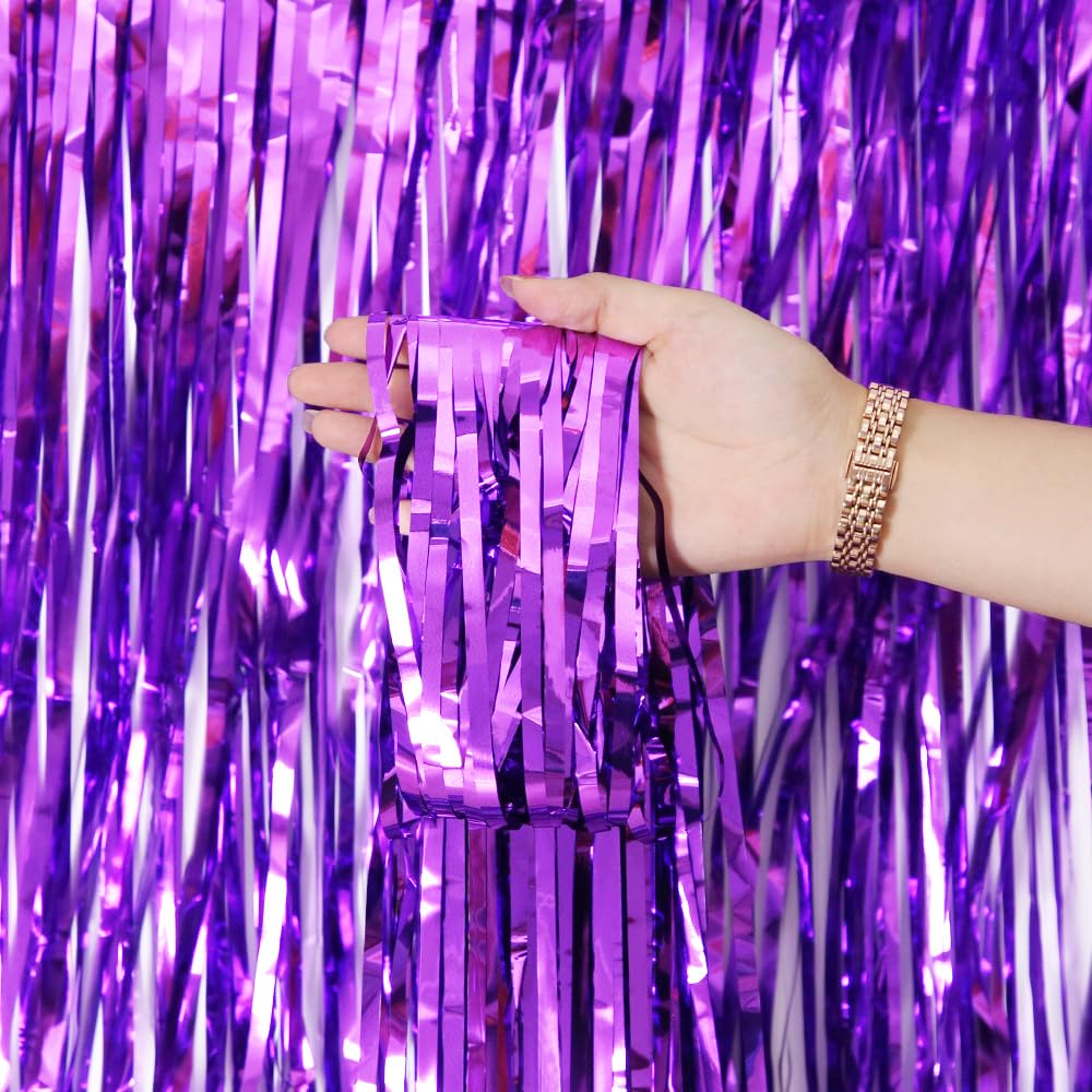 Fringe Curtains Party Decorations, Tinsel Streamers Birthday Party Decorations, Fringe Backdrop for Graduation, Baby Shower, Gender Reveal, Disco Party (2 Pack, Purple)