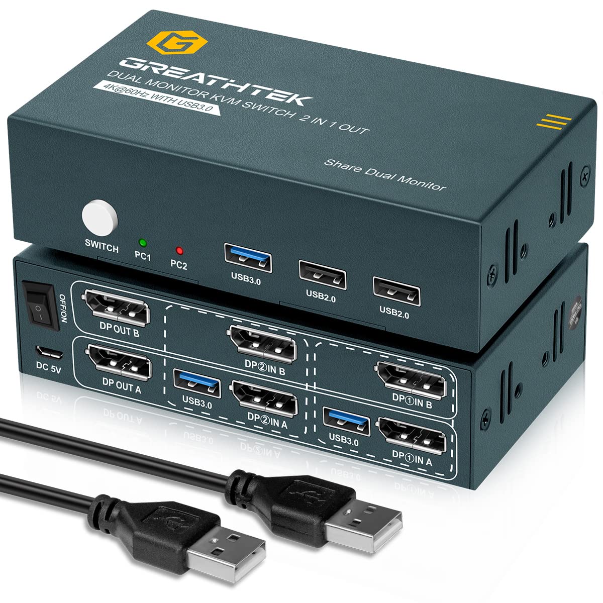 KVM Switch DP Displayport Dual Monitor Extended Display 2 Port, USB3.0, UHD 4K@60Hz YUV4:4:4 Downward Compatible,with All Needed Cables