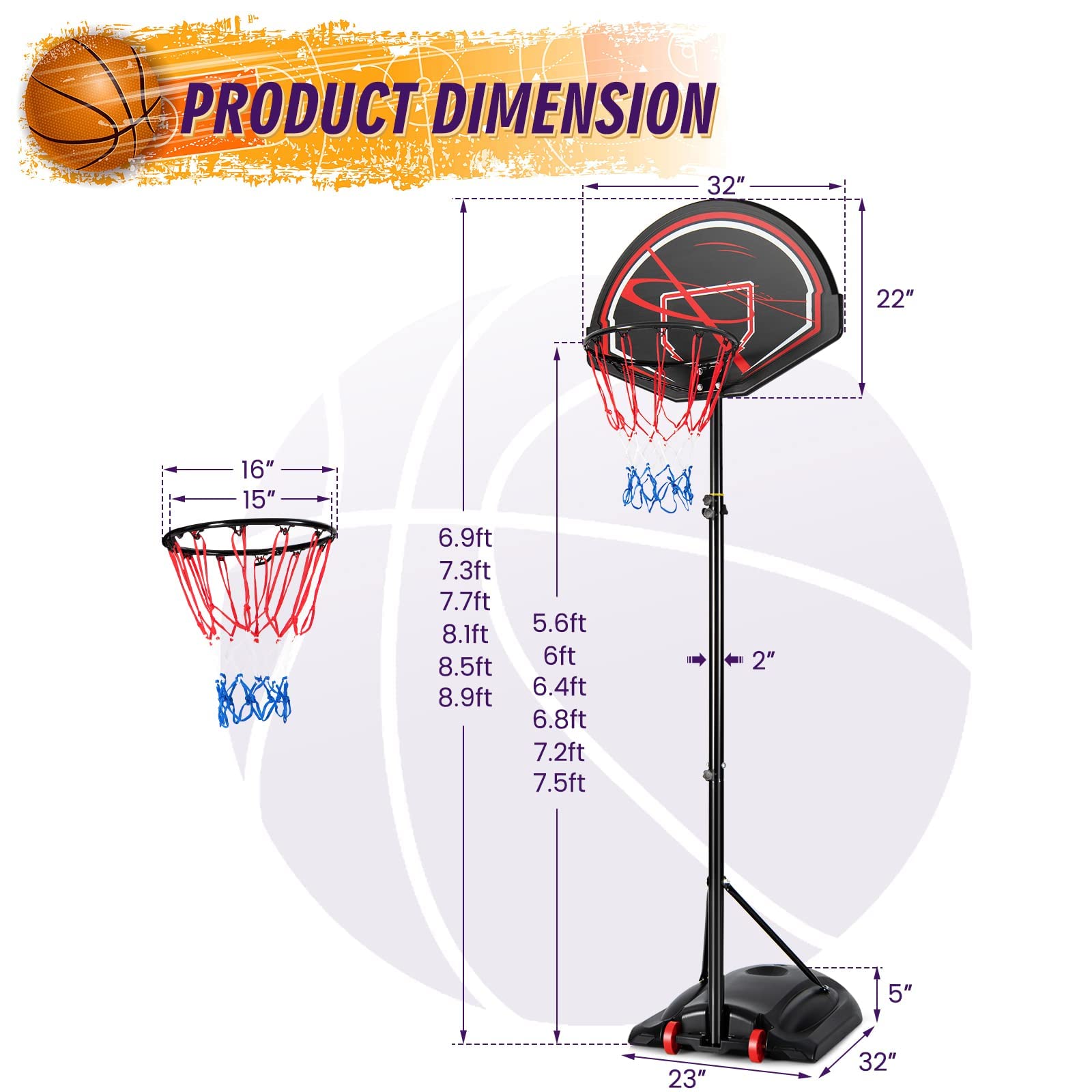 Goplus Portable Basketball Hoop Outdoor, 6.9-8.9 FT Height Adjustable Basketball Goal with 32ββ Shatterproof Backboard, Fillable Base, 2 Nets, 2 Wheels, Indoor Basketball Stand for Kids Youth Adults