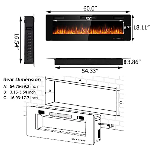 Tangkula 60 Inches Recessed Electric Fireplace, in-Wall & Wall Mounted Electric Heater with Adjustable Flame Color & Speed, Remote Control, Touch Screen, 750-1500W (60 Inches)