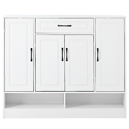 Modern Shoe Cabinet with Adjustable Shelves and Sturdy Top Surface, Wood Sideboard with 1 Drawers, Multifunctional Storage Cabinet for Entrance Corridor Bedroom (White + Particle Board-035)
