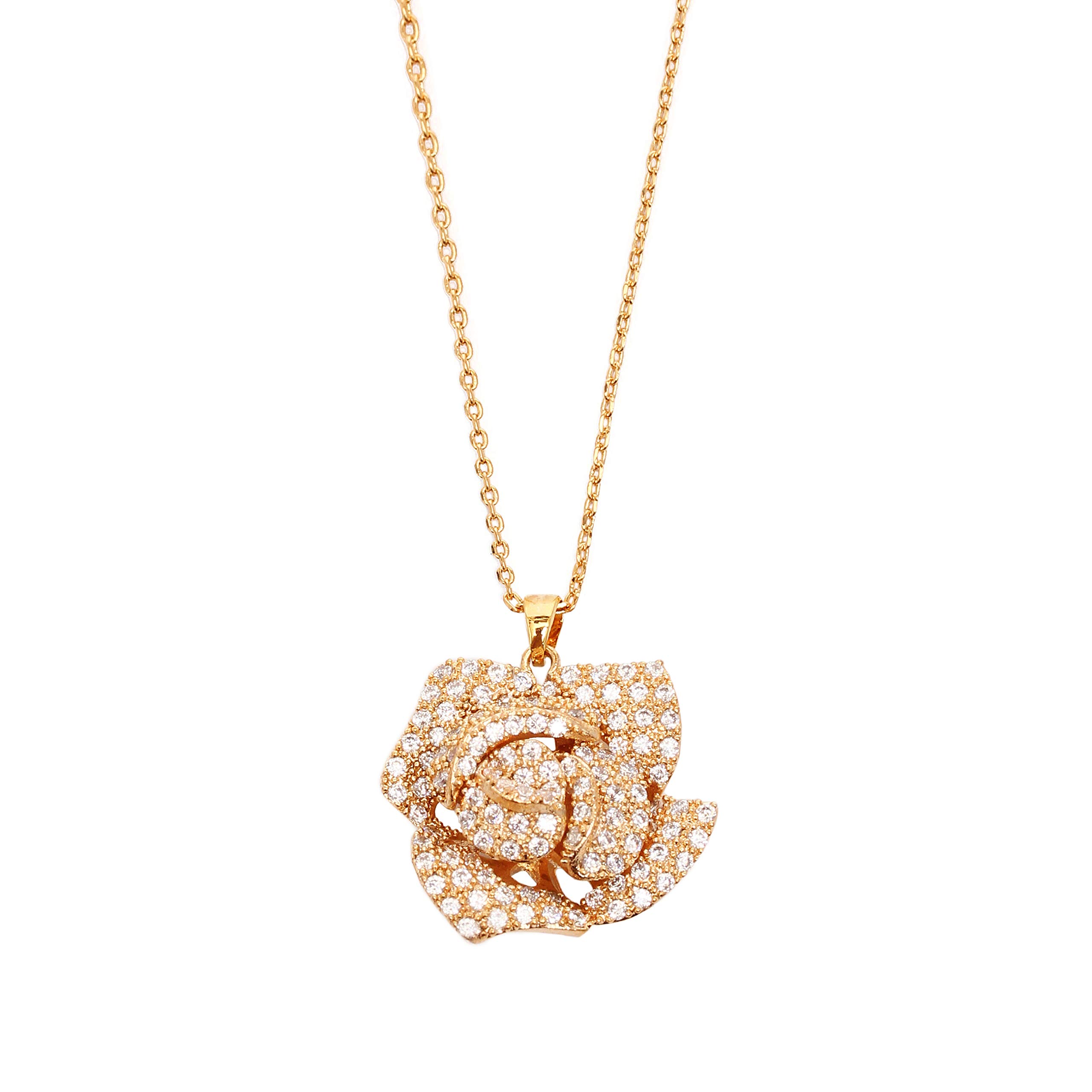 Fashion Jewelry designer celebrity camellia flower charm rhinestone full crystal pendant necklace for women (Gold)