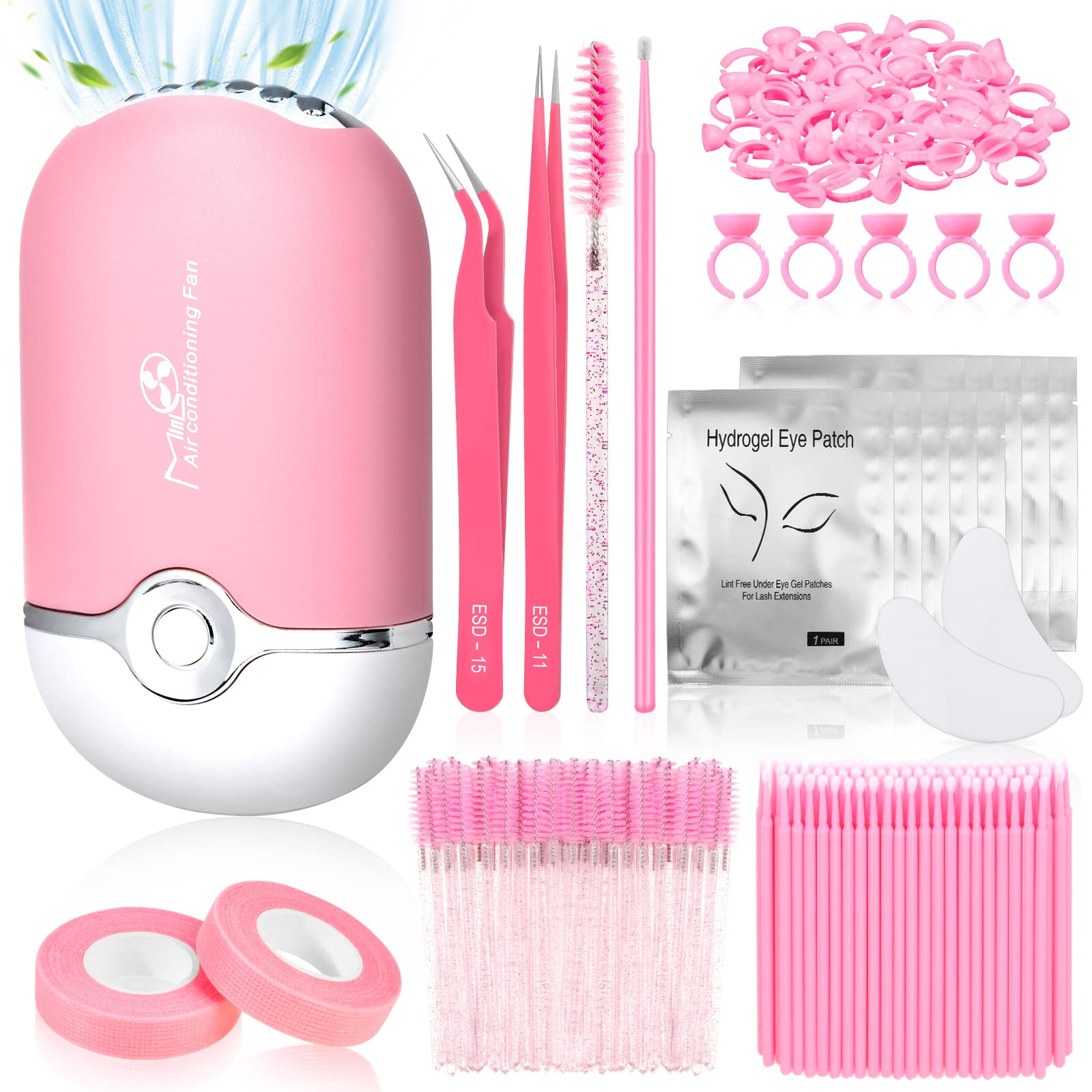 Modacraft Eyelash Extension Supplies Kit for Beginners with USB Air Conditioning Blower 2 Lash Tweezers, 100 Mascara Brushes, 50 Micro Applicators 50 Ring Cup Holders, 2 Tapes 10 Eye Gel Pads