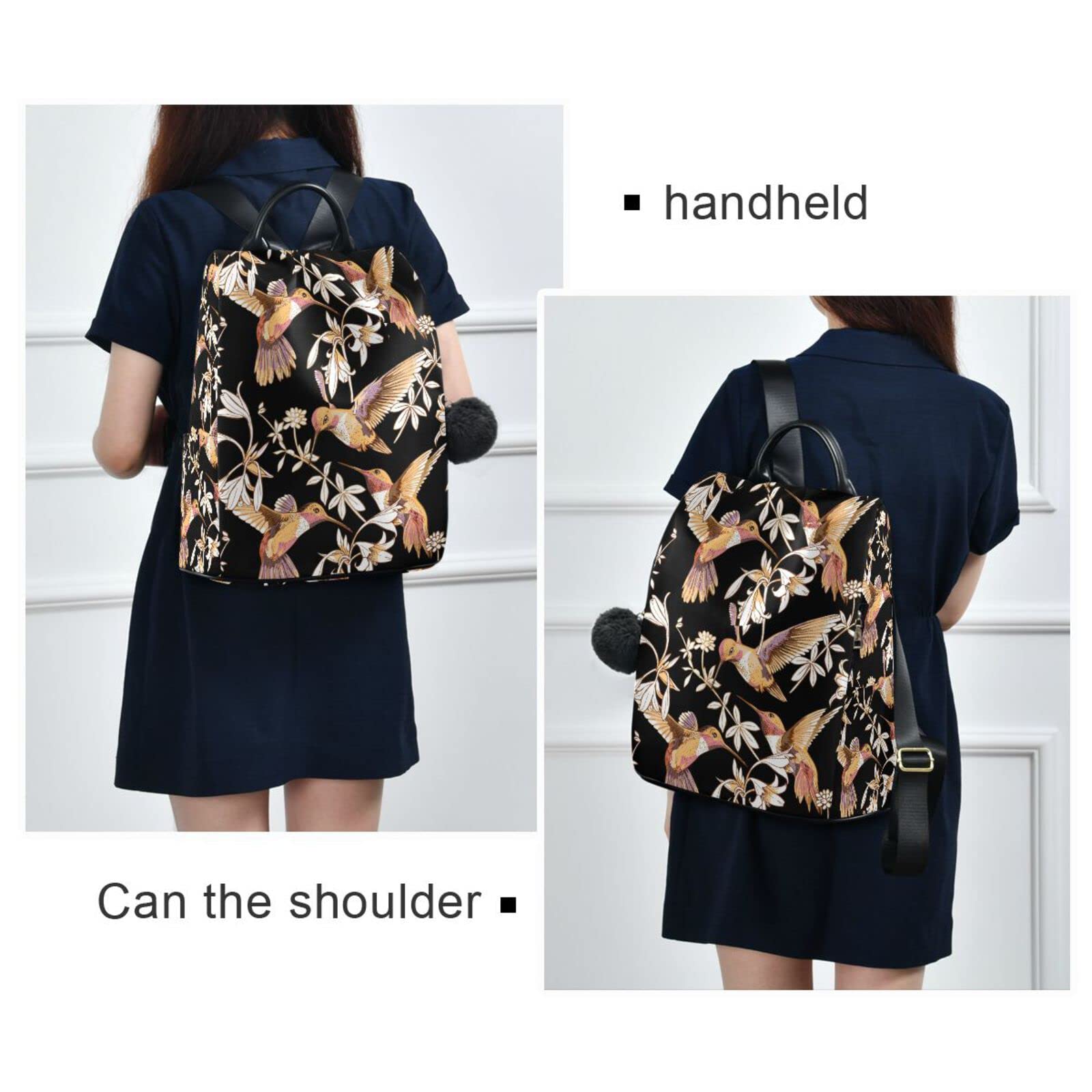 Fustylead Floral Gold Hummingbirds Flowers Backpack Purse for Women Anti Theft Fashion Back Pack Shoulder Bag