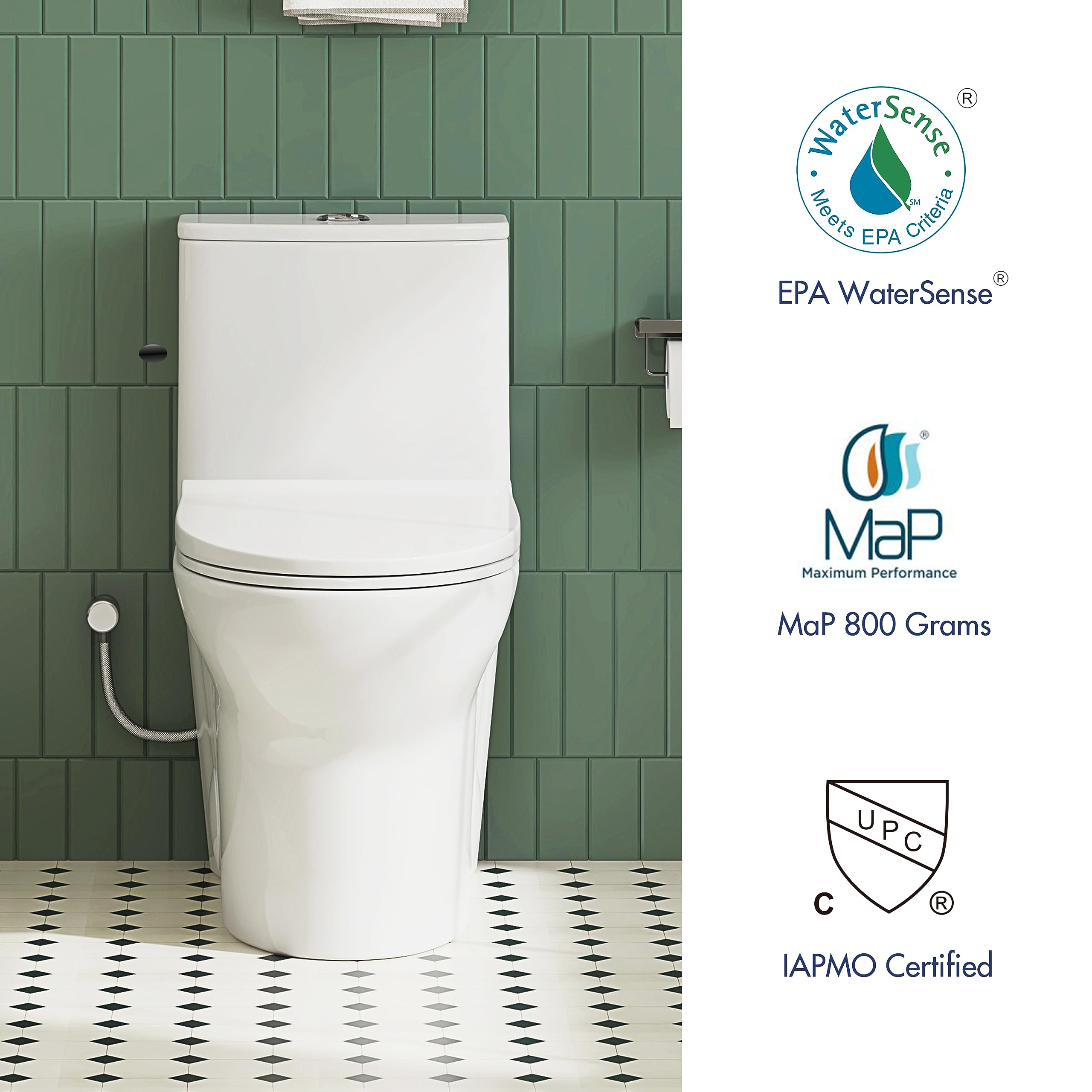 Eridanus Small Compact One Piece Toilet For Bathroom, Powerful Dual Flush Modern Toilet, 1.1/1.6 GPF, 12" Rough-In, Elongated Toilet with Soft Closing Seat, 26.68"D x 14.37"W x 26"H, White