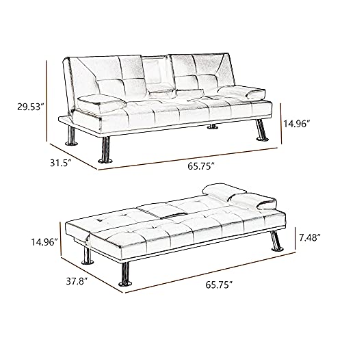 Modern Faux Leather Upholstered Futon Sofa Loveseat Convertible Sleeper Couch Bed with Metal Legs,Removable Pillows Armrest and Drop-Down Cupholdes