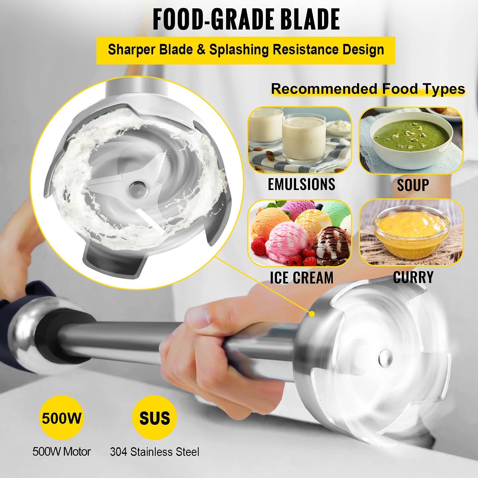 VBENLEM Commercial Immersion Blender 500W Power, Hand Held Mixer with 15.7-Inch 304 Stainless Steel Removable Shaft, Electric Stick Blender Variable Speed 4000-16000RPM