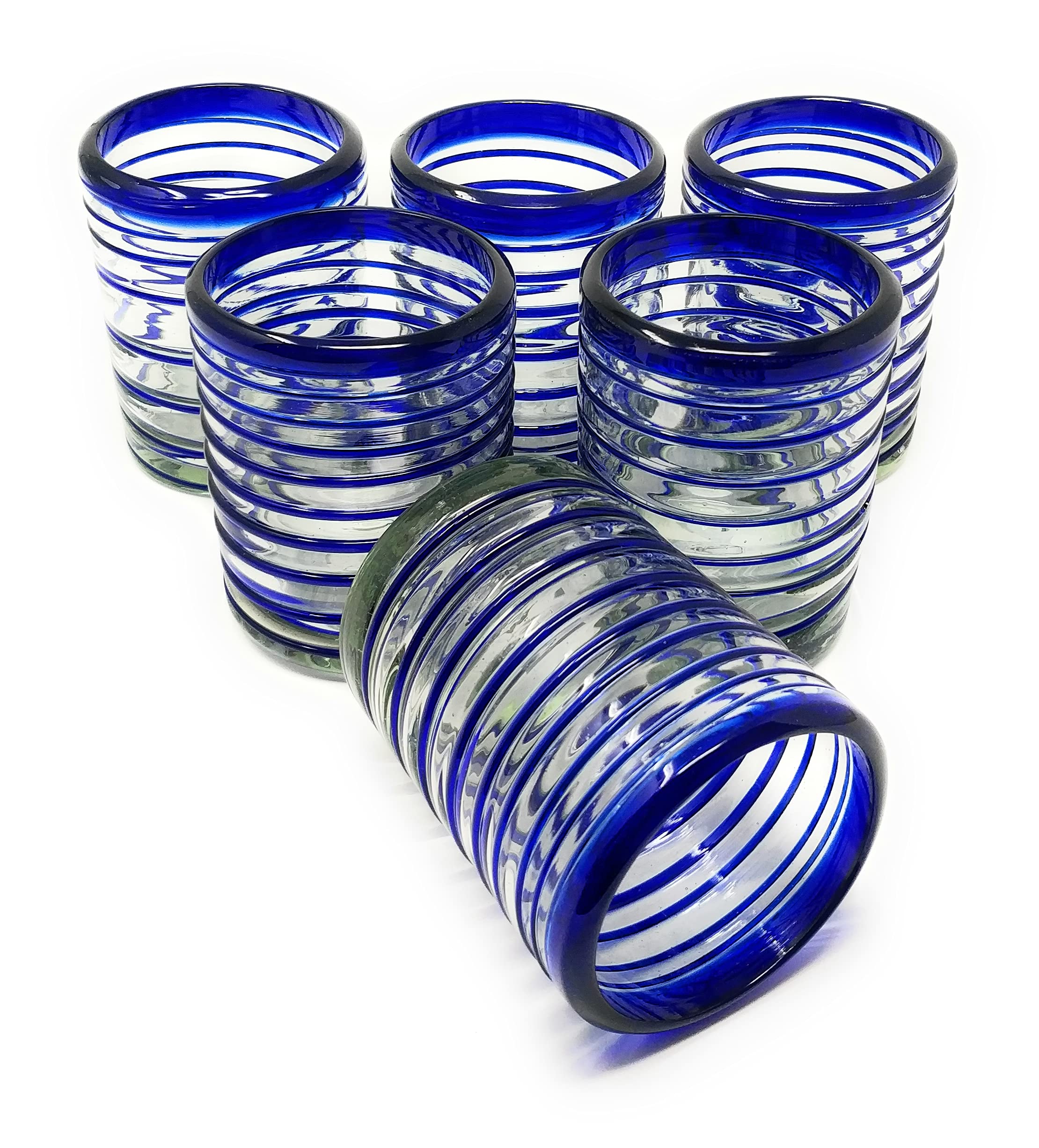 Hand Blown Mexican Drinking Glasses – Set of 6 Tumbler Glasses with Blue Spiral Design (10 oz each) …