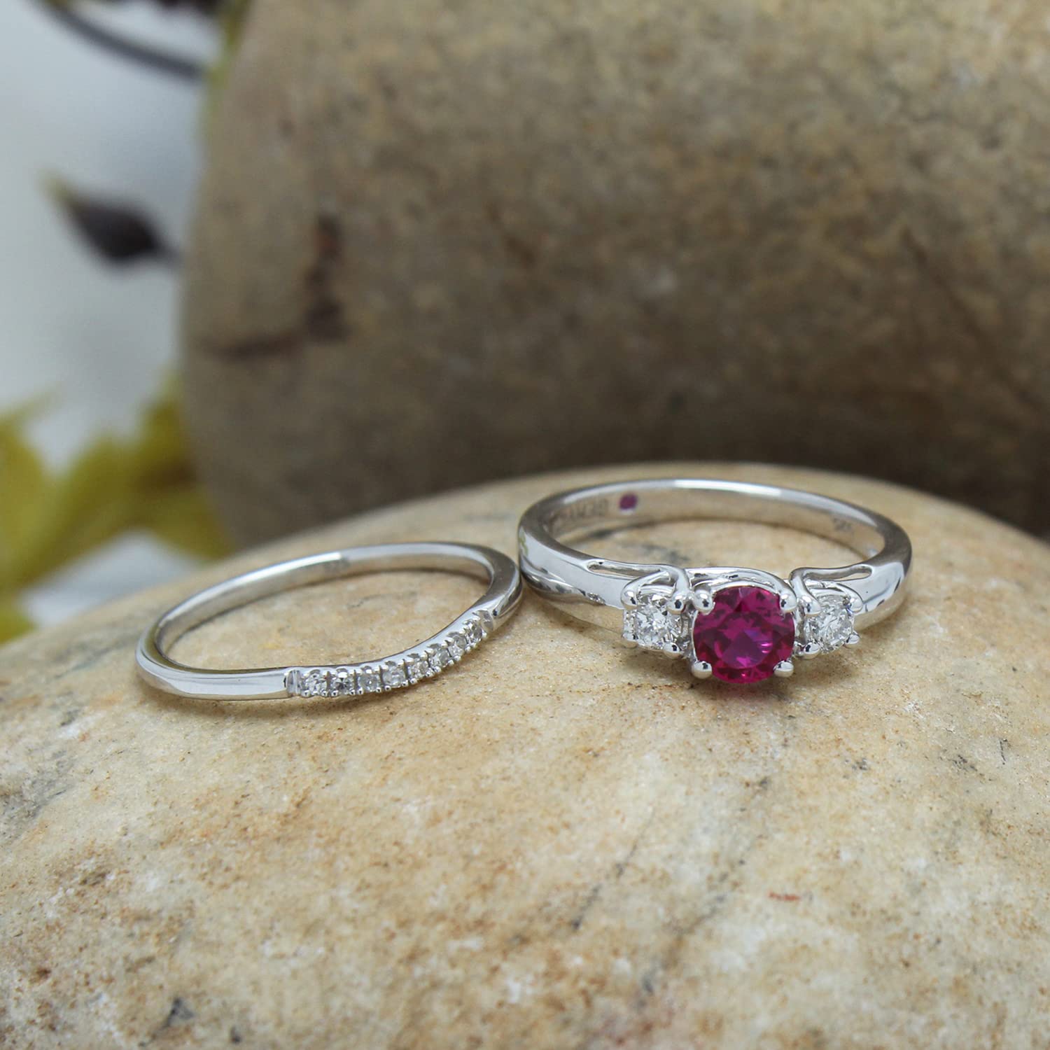 GEMVIO Collection Three Stone Ring, 5MM Round Lab Created Ruby Gemstone & Natural Diamond In 14K White Gold Over Sterling Silver Engagement Anniversary Wedding Bridal Set Ring(0.80Cttw)-7