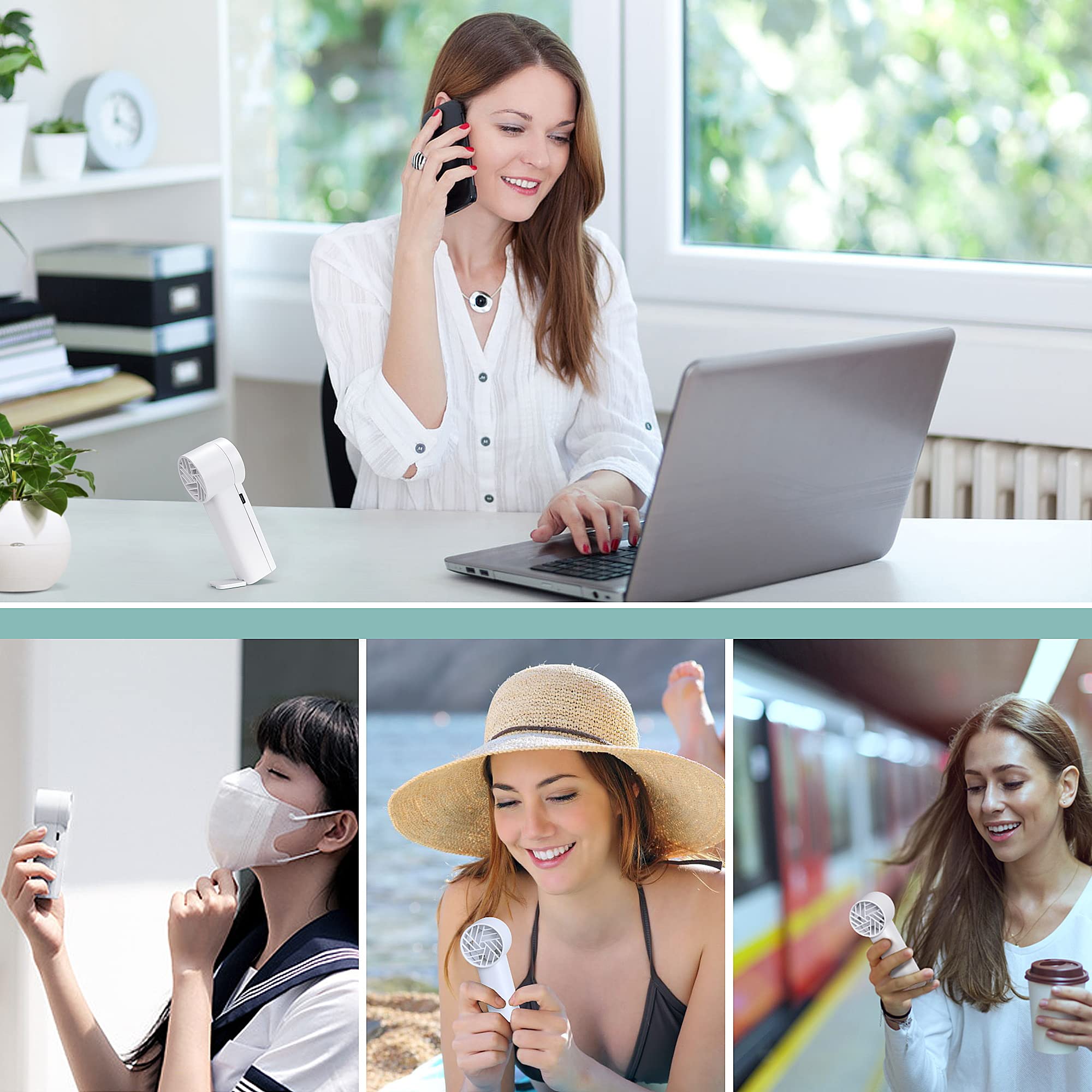 Fuwomim Portable Handheld Fan, White Personal Desk Fan Battery Operated USB Mini Fan Rechargeable Hand Fan with 3 Speed Mode for Lash Face Beauty Makeup (White)