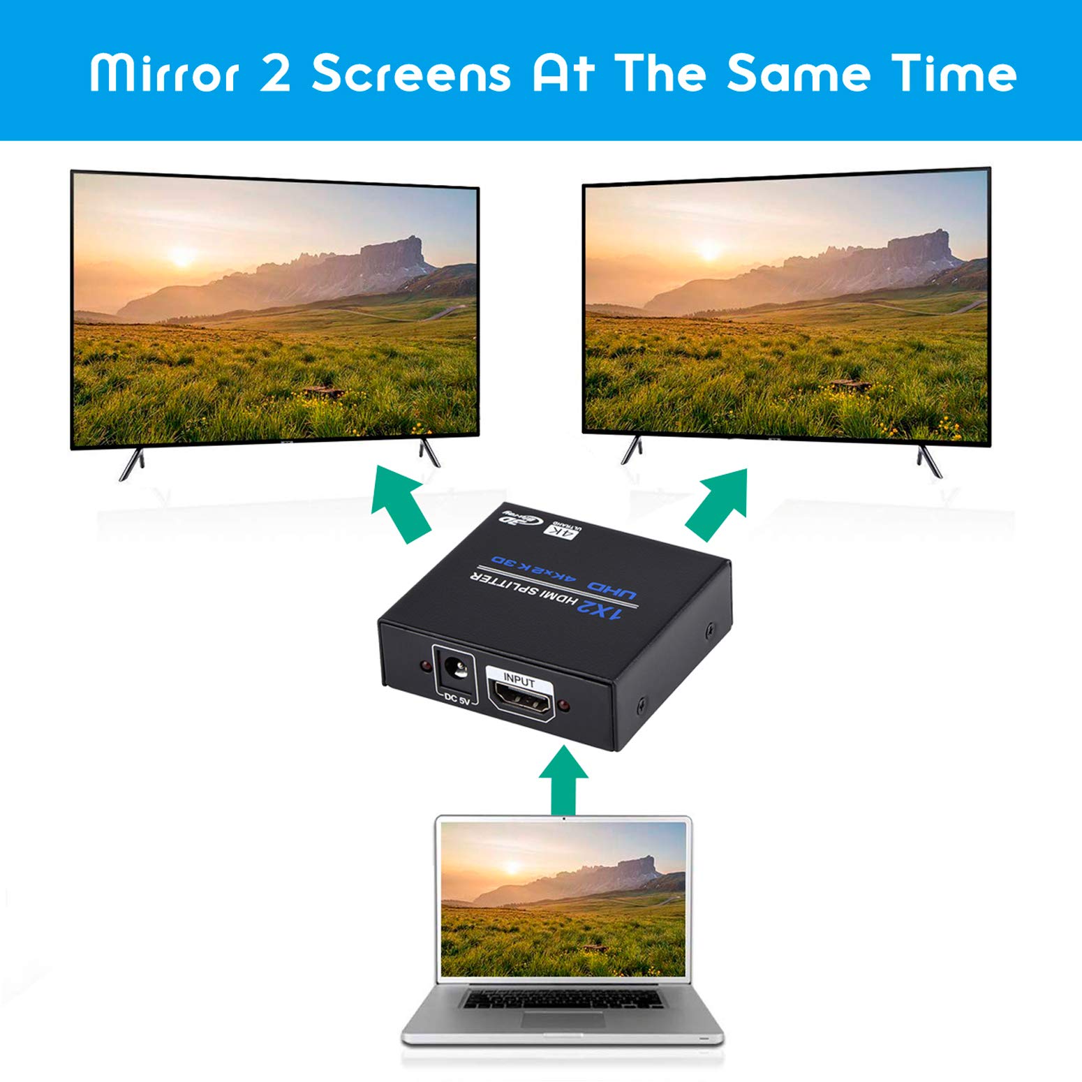 Enbuer 1x2 HDMI Splitter, 1 in 2 Out HDMI Splitter Audio Video Distributor Box Support 3D & 4K x 2K Compatible for HDTV, STB, DVD, Projector Etc