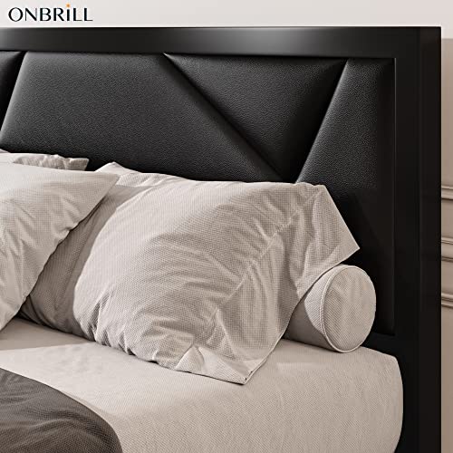ONBRILL Twin Size Modern Metal Bed Frame with Contemporary Faux Leather and Upholstered Headboard，No Box Spring Needed, Black