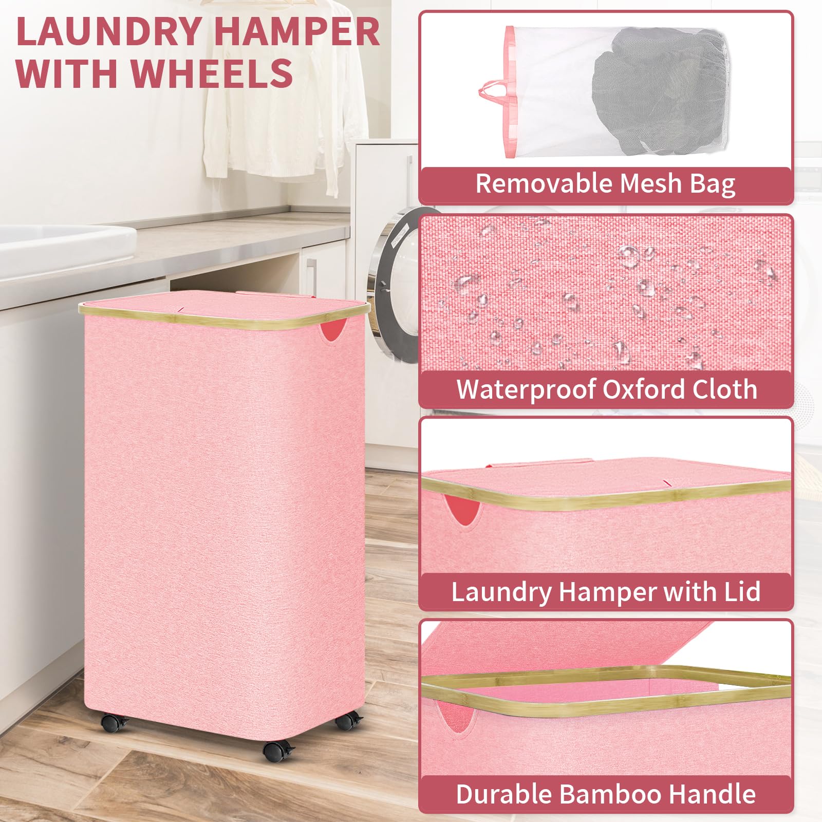 Pink Laundry Hamper with Wheels - 100L Large Laundry Hamper with Lid, Rolling Laundry Hamper on Wheels, Collapsible Laundry Hamper with Removable Mesh Bag and Bamboo Handles for Easy Carrying