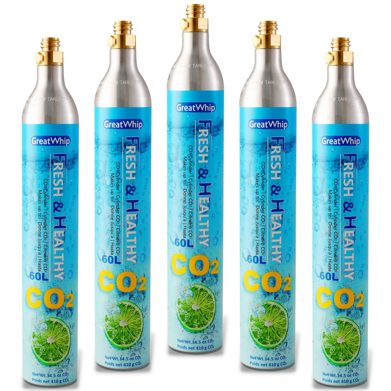 GreatWhip 60L Co2 Carbonator Sodasteam Co2 Cylinder Soda Gas Canister 14.5 oz Compatible with SodaMaker Appliances Set of 5