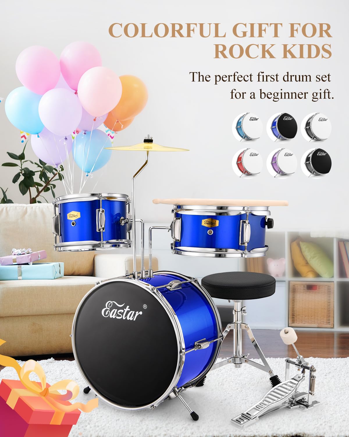 Eastar Kids Drum Set 16 inch 3-Piece, Junior Drum Set Kit with Throne, Cymbal, Pedal & Drumsticks,Metallic Blue (EDS-280Bu)
