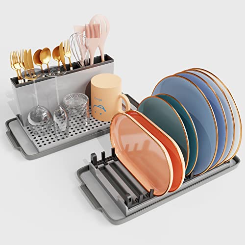 Midyb Dual Part Dish Drying Rack for Kitchen, Multifunctional Draining Rack Holder with Drainboard, Tableware Bowl Saucer Storage System, Household Dish Drainer for Countertop