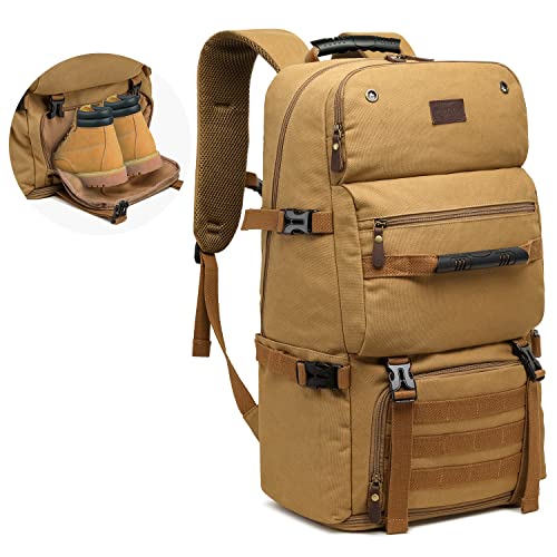 TUGUAN 50/60L Travel Backpack, Laptop Backpack for Men Large Capacity Outdoor Tactical Hiking Backpack with Shoe Compartment Expandable Canvas Rucksack for Travel Camping Climbing, Brown