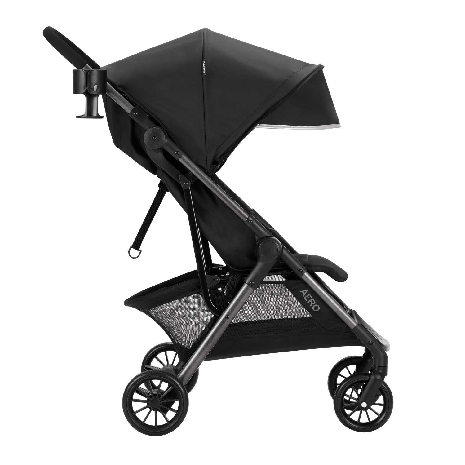 Evenflo Aero Ultra-Lightweight Stroller, Self-Standing Compact Folding Design, 2 Mesh in-Seat Pockets, Large Storage Basket, Flex-Hold Parent Cup-Holder, 50-Pound Capacity, Easy Storage, Lark Black