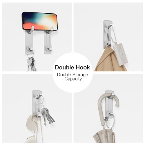 pickpiff Adhesive Coat Hooks, Extra Sticky Waterproof Metal Hook for Hanging Towels, Wreath, Purse, Hat, Cloth, Wall Mounted Hanger for Shower Bathroom Kitchen Door Heavy Duty, Silver, 4 Pack