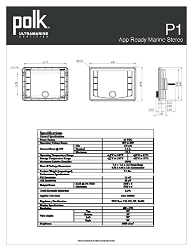 Polk Ultramarine P1 App Ready|Bluetooth| Waterproof Marine Stereo, 4.3" Color TFT Display, 200 Watts Maximum Power Handling (50W x 4), Compatible with iPod/iPhone via Bluetooth (Renewed)