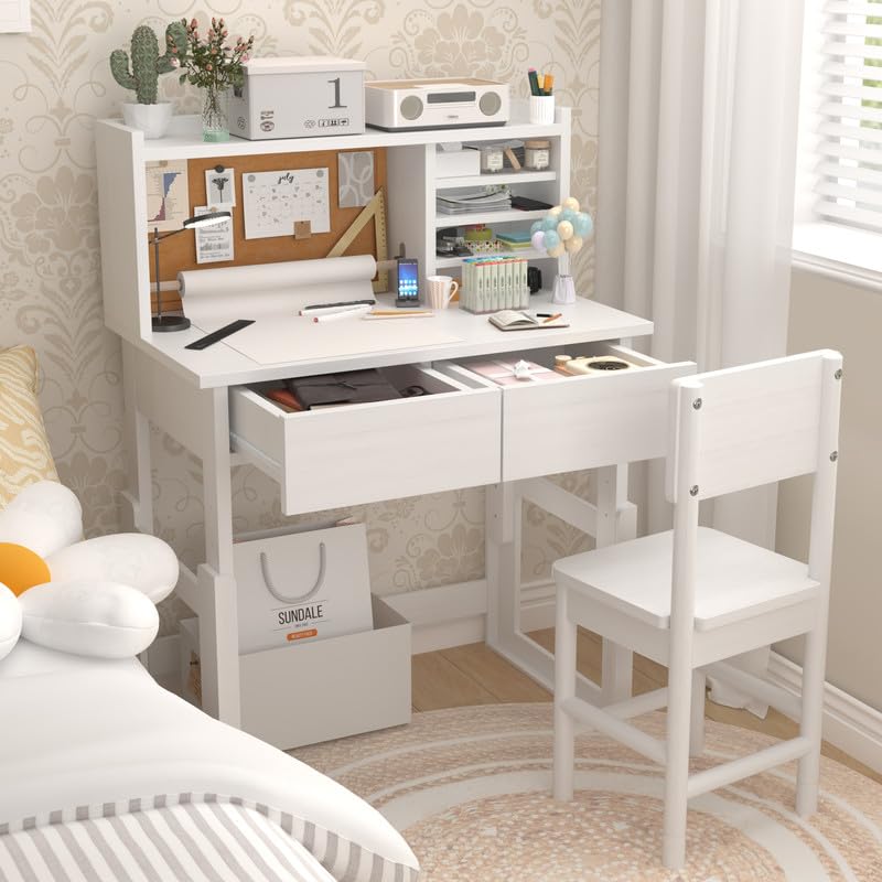 NKUGCFC White Kids Desk and Chair Set for 5-18 Year Old,Ergonomic Height Adjustable Childrens Study Desk with 2 Drawers,Kids Art Table with Storage-nv8nse
