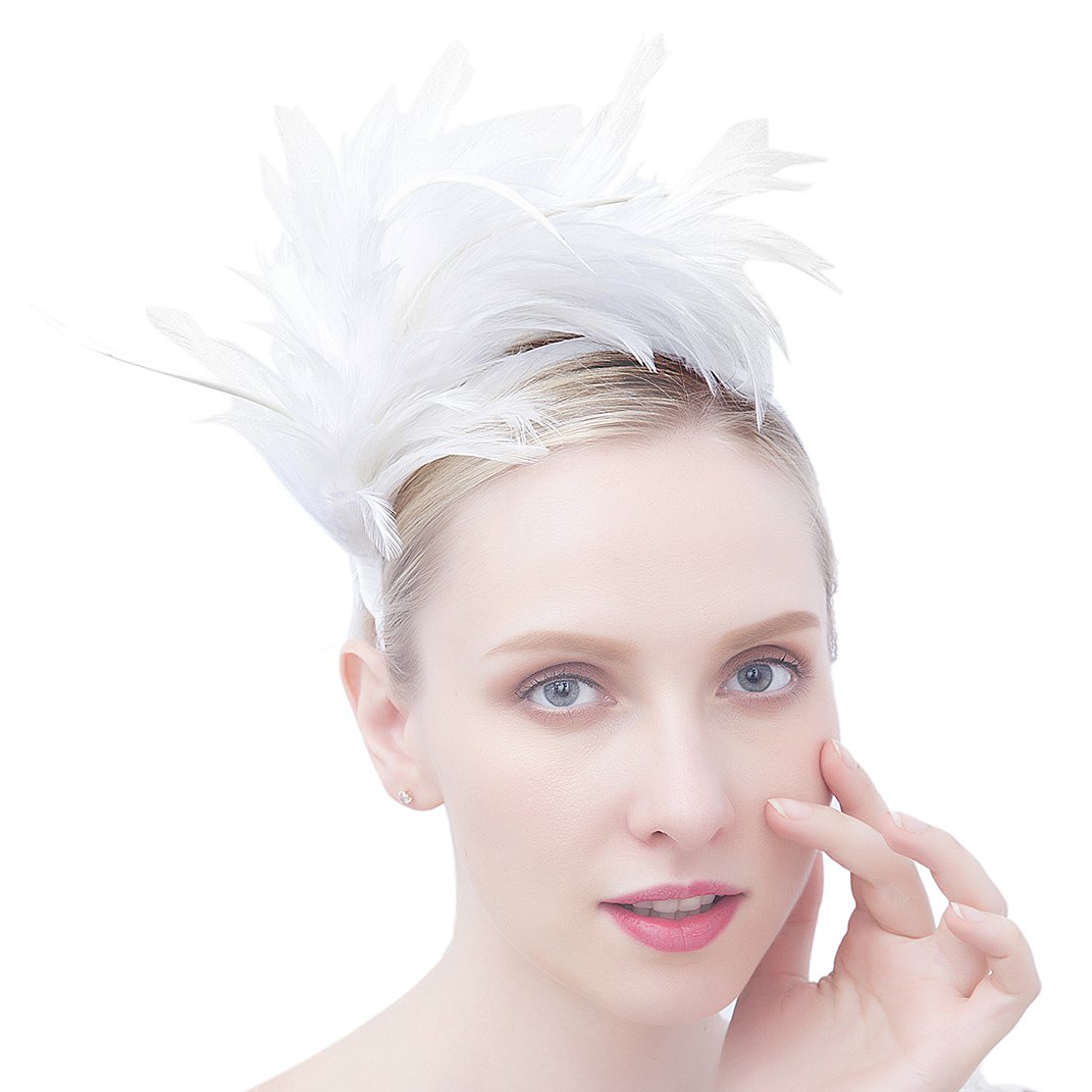 FELIZHOUSE 1920s Fascinator with Feathers Headband for Women Wedding Tea Party Headwear (White)