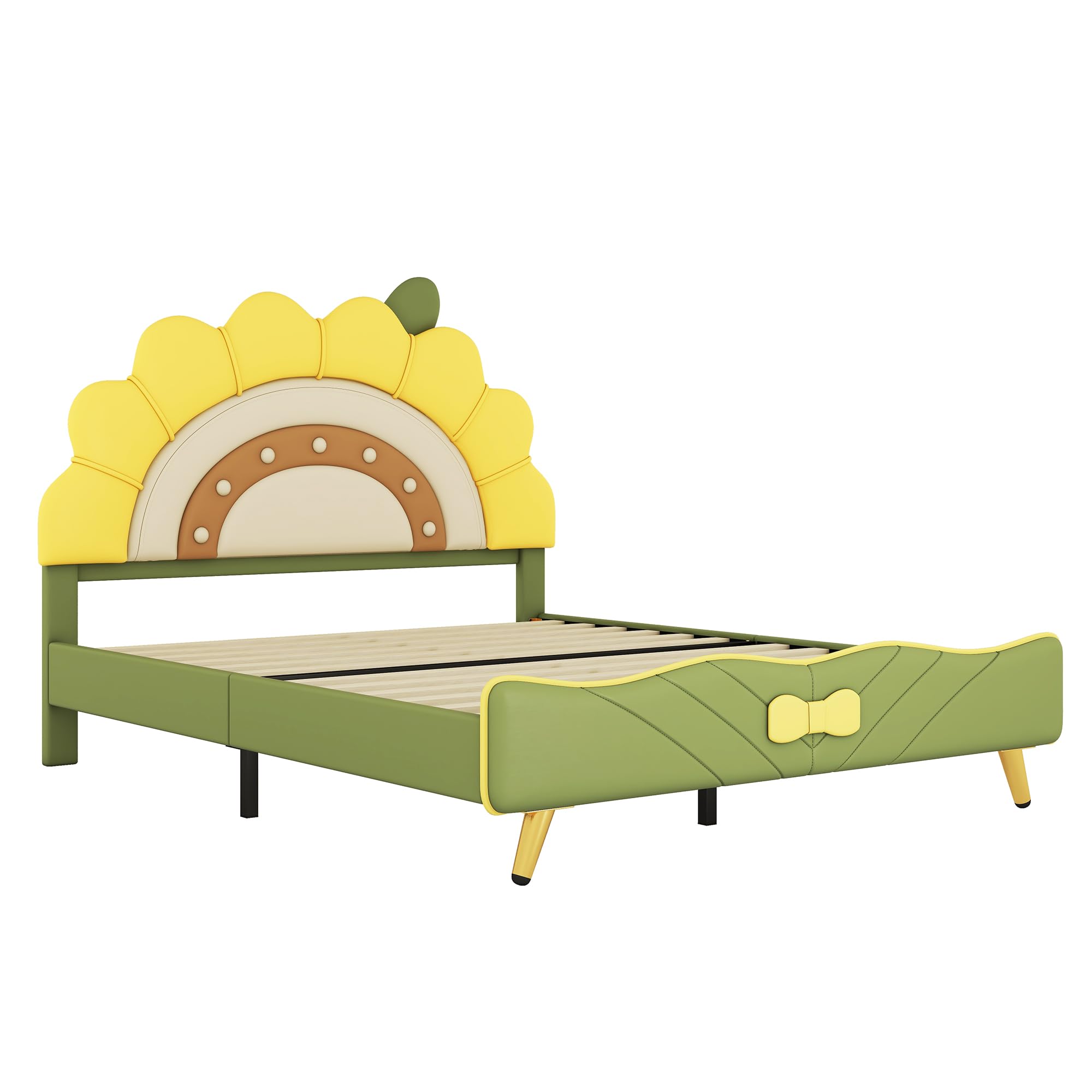 Merax Twin Size Bed Frames for Kids, Upholstered Platform Bedframe with Sunflower Shaped Headboard, No Box Spring Needed, Green