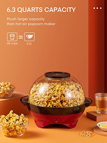 Popcorn Machine, 6.3 Qtrs./28 Cup Popcorn Maker, 800w Stir Crazy Popcorn Popper with Quick-Heat Technology, Removable Non-Stick Surface, Cool Touch Handles, Thicken Transparent Cover, 2 Measuring Cap