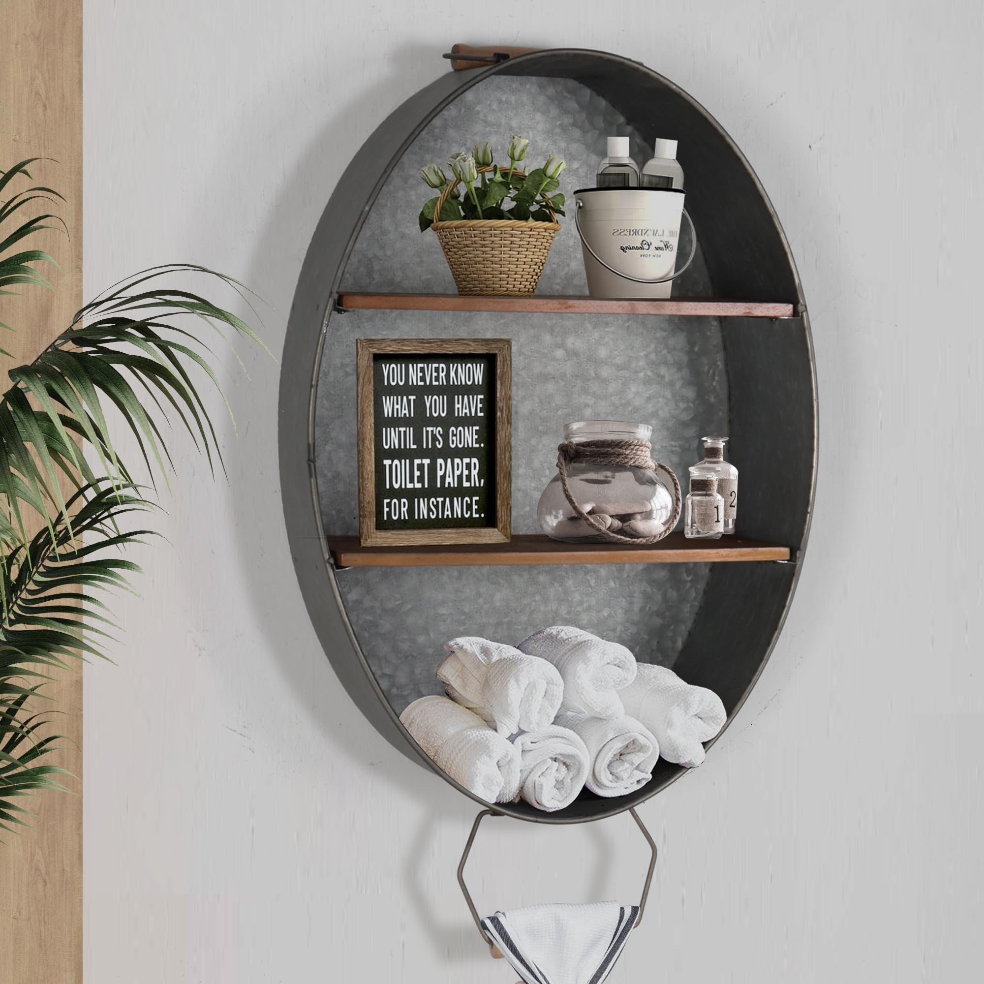 Oakrain Galvanized Wash Tub with Shelves | Towel Racks for Bathroom | Bathroom Wall Shelves | Farmhouse Rustic Bathroom Decor | 2 Tier Wall Towel Holder with Wood Shelf | Galvanized Shelf Wall