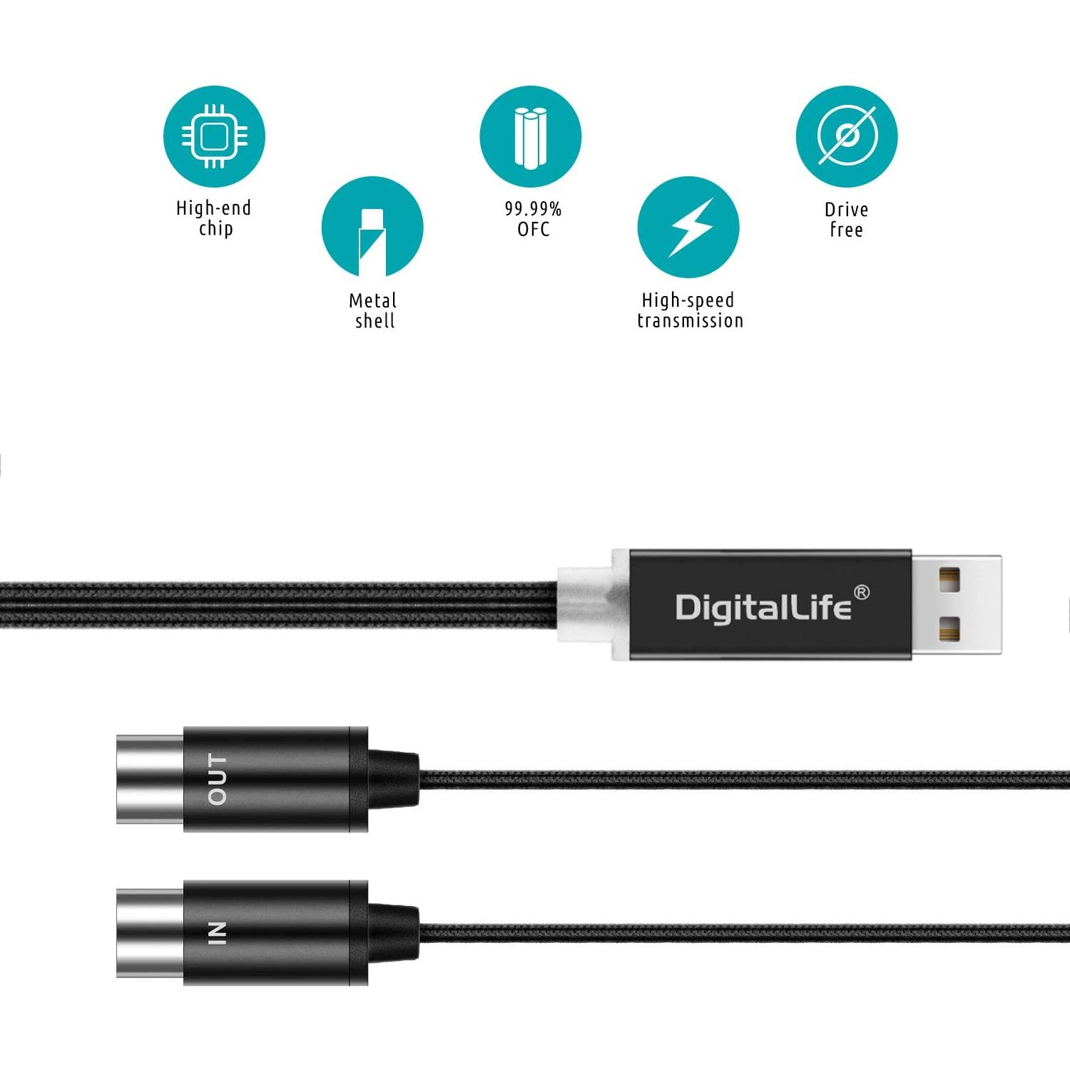 DigitalLife MD1001 | USB to MIDI Interface Converter Adapter with LED Indicator (5-Pin, 1 in/Out)