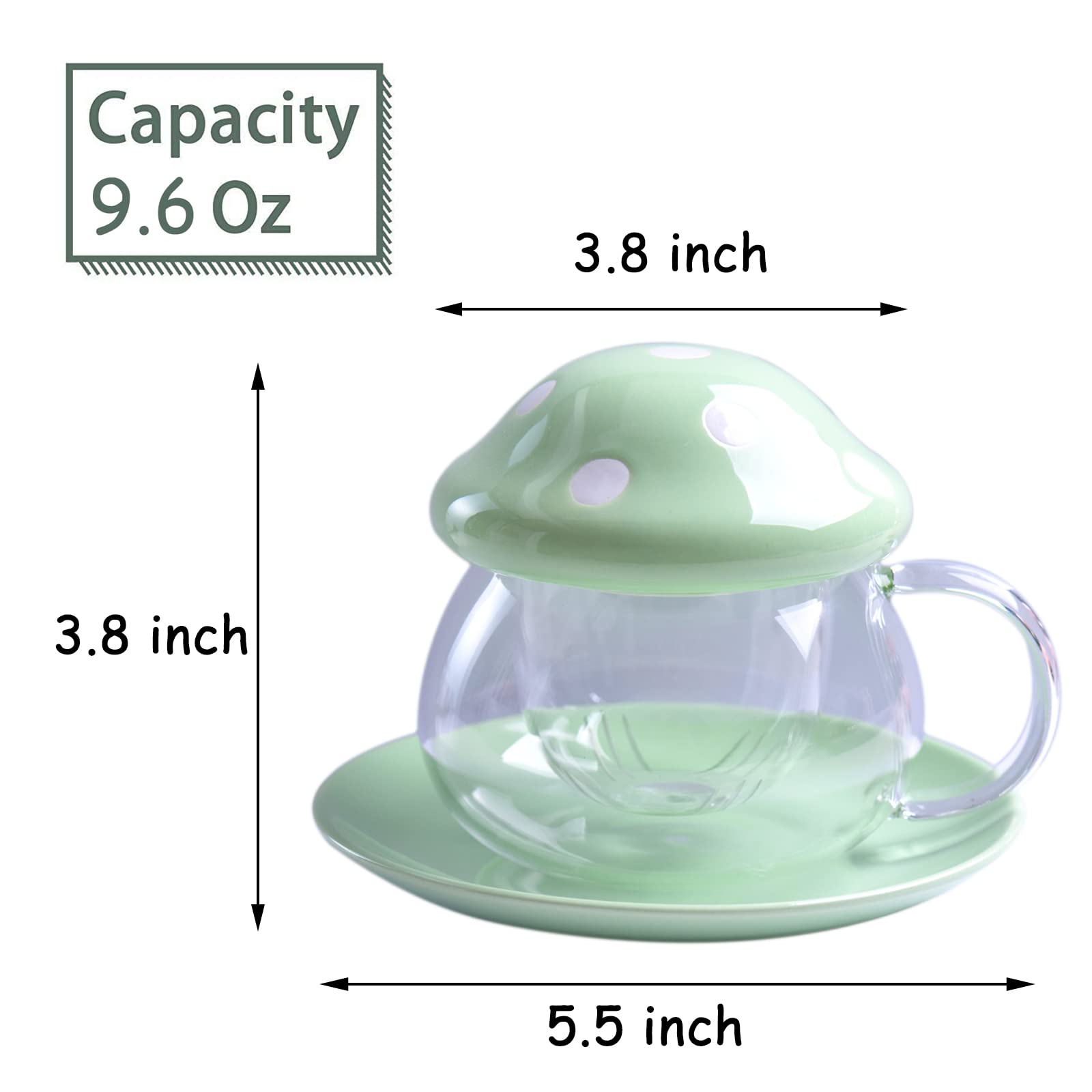 Hyltd Mushroom Tea Cup Mushroom Mug Cute Glass Tea Cups Mushroom Cup Mushroom Tea Mug with Filter Lid Coaster 9.6 Ounces (Green)