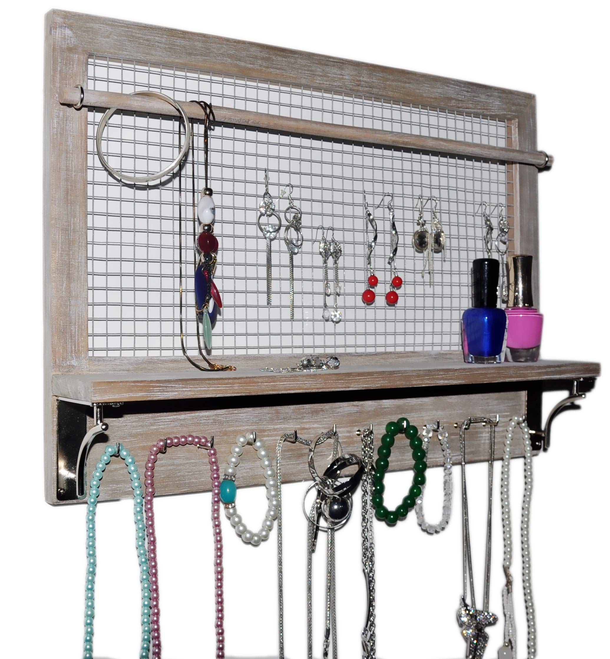 Spiretro White Jewelry Organizer, Wall Mount Jewelry Holder Rack with Hooks Shelf and Removable Rod Hanging Display Earrings Necklaces Bracelets Rings Storage Accessories Wood