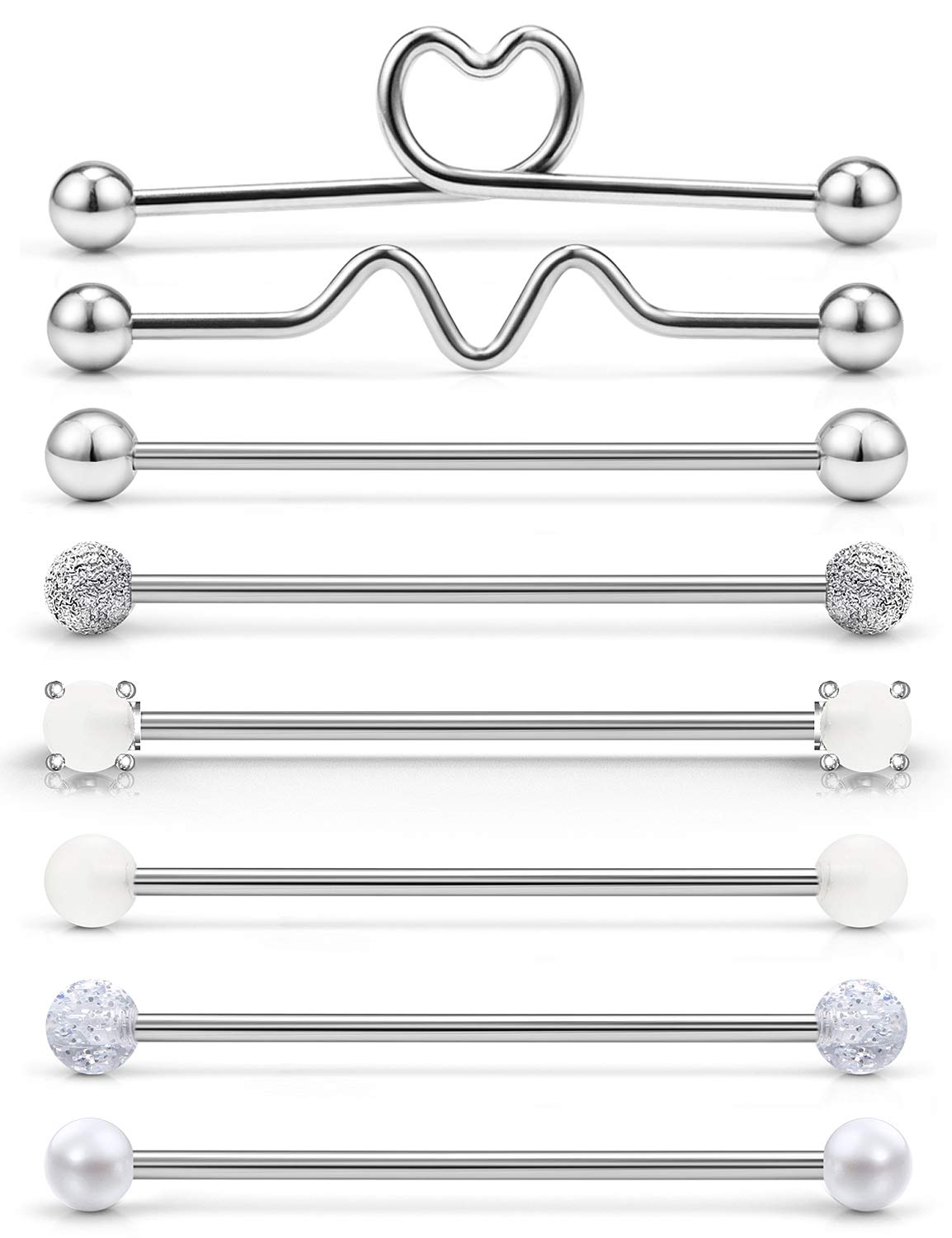 Dyknasz Glow in The Dark Industrial Barbell 16G Surgical Steel Industrial Piercing Jewelry for Women Men Cartilage Earring Helix Rings 1 1/2 Inch 38mm Silver-Tone, 8 Pieces