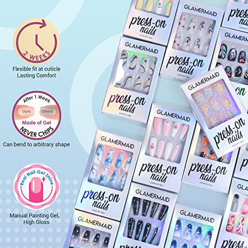 Press on Nails Medium Short Square GLAMERMAID, Black White Fake Nails with Design Checkerboard 24Pcs Acrylic False Nail Kits Stick Glue on Nails Sets for Women Reusable Full Cover Gel Nails