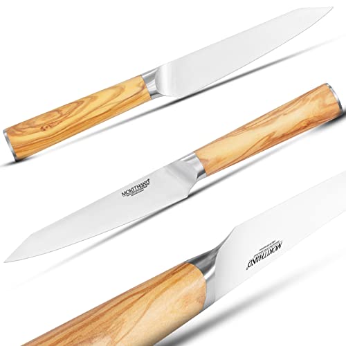 MOKITHAND Paring Knife 5 Inch Small Kitchen Knife, Professional Peeling Knife for Cutting Fruit Vegetables Meat, Forged German Steel Sharp Utility Knife with Sheath, Olive Wood Handle and Gift Box