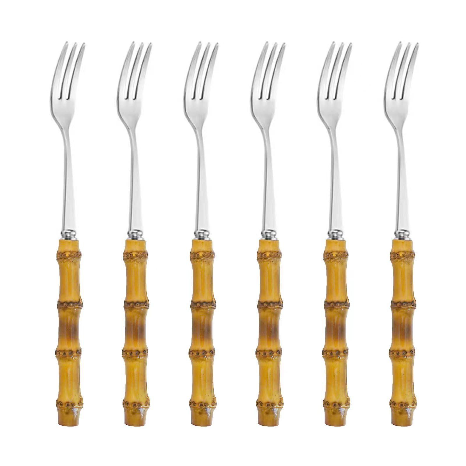 TAOMEINONG Premium Bamboo Utensils Bamboo Cocktail Forks & Bamboo Appetizer Forks Bamboo Silverware Set of 5 Stainless Steel Forks Handcrafted Bamboo cutlery - Cocktail Picks