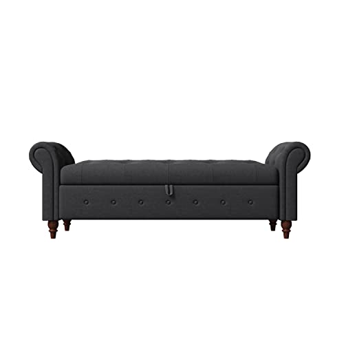 End of Bed Storage Bench Ottoman Linen Fabric Upholstered Button Tufted Padded Footstool Bench&Ottoman with Armsrest and Soild Wood Legs for Home Apartment Entryway Living SpaceDark Grey